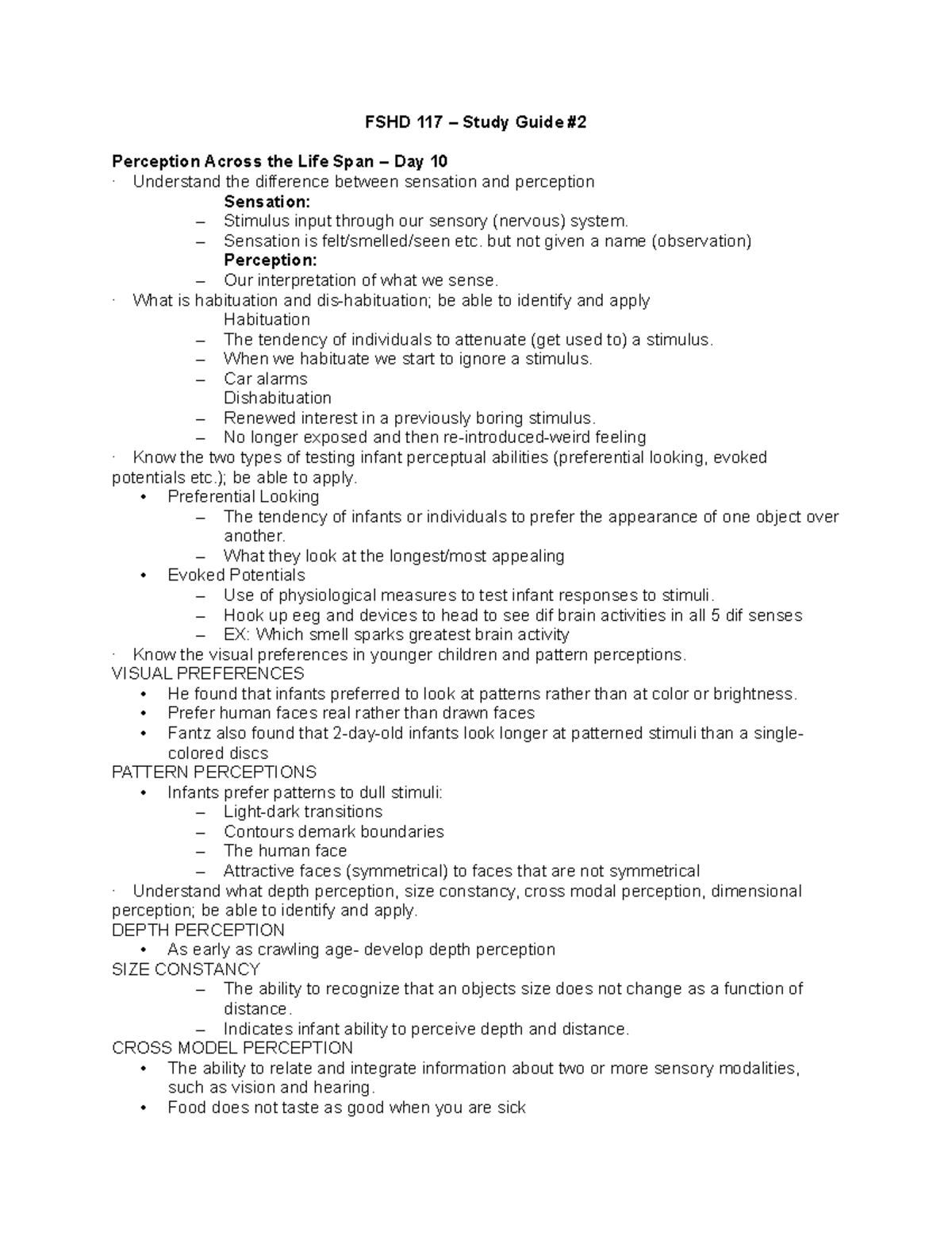 FSHD 117 Exam 2 Study Guide - FSHD 117 – Study Guide # Perception ...