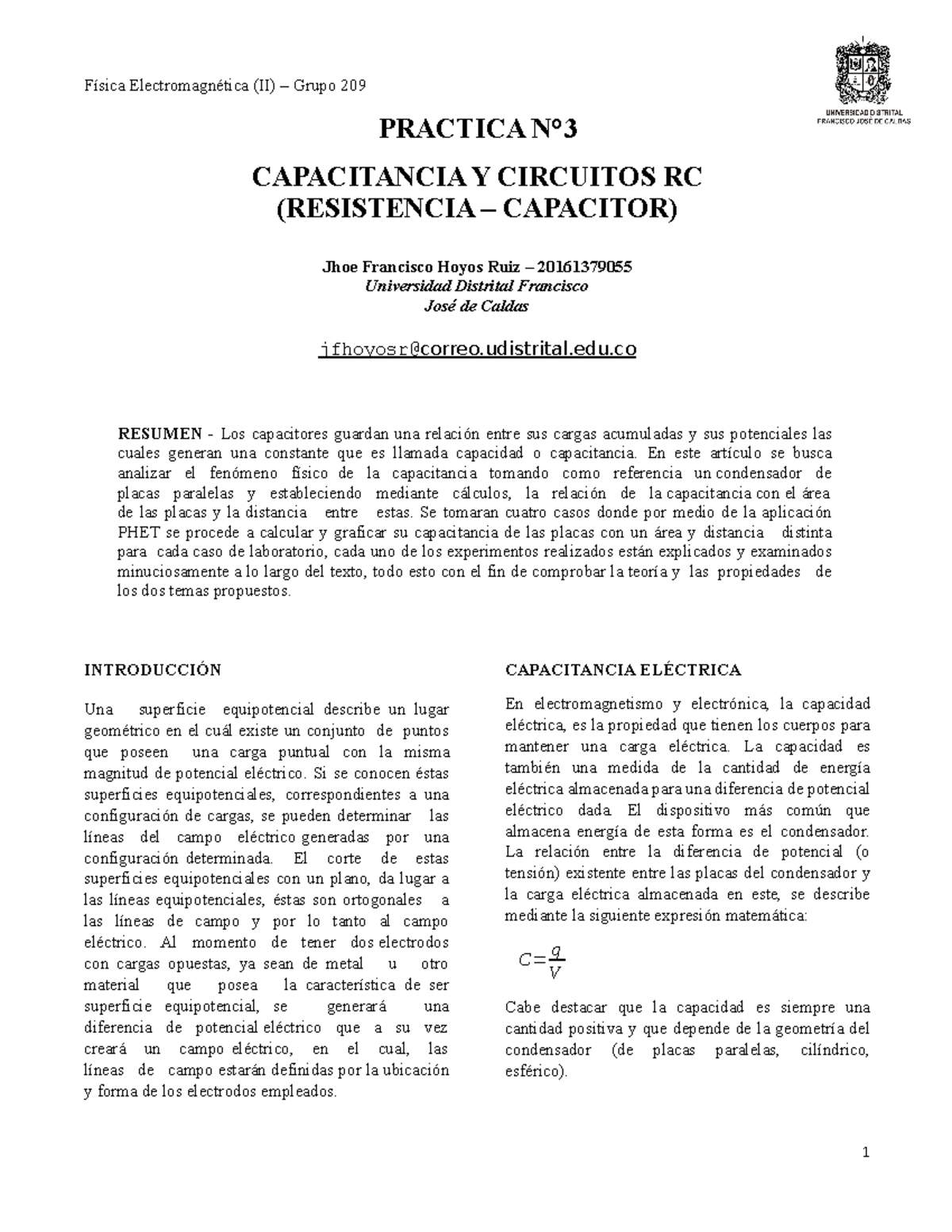 Lab.3 Fisica II - capacitancia ciercuitos RC - PRACTICA N° CAPACITANCIA Y CIRCUITOS RC ...