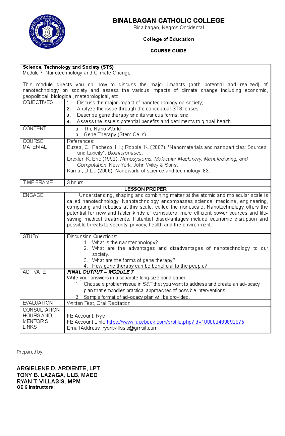 Module- week 7 STS - Lecture notes 1-4 - BINALBAGAN CATHOLIC COLLEGE ...