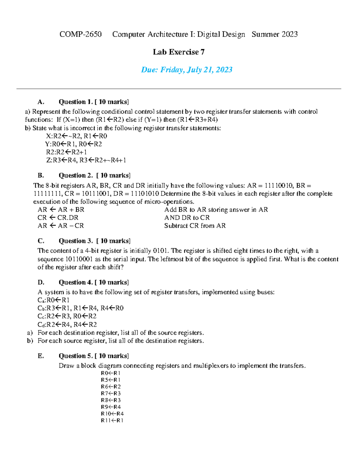 Lab 7 - lab 7 - COMP- 2650 Computer Architecture I: Digital Design ...