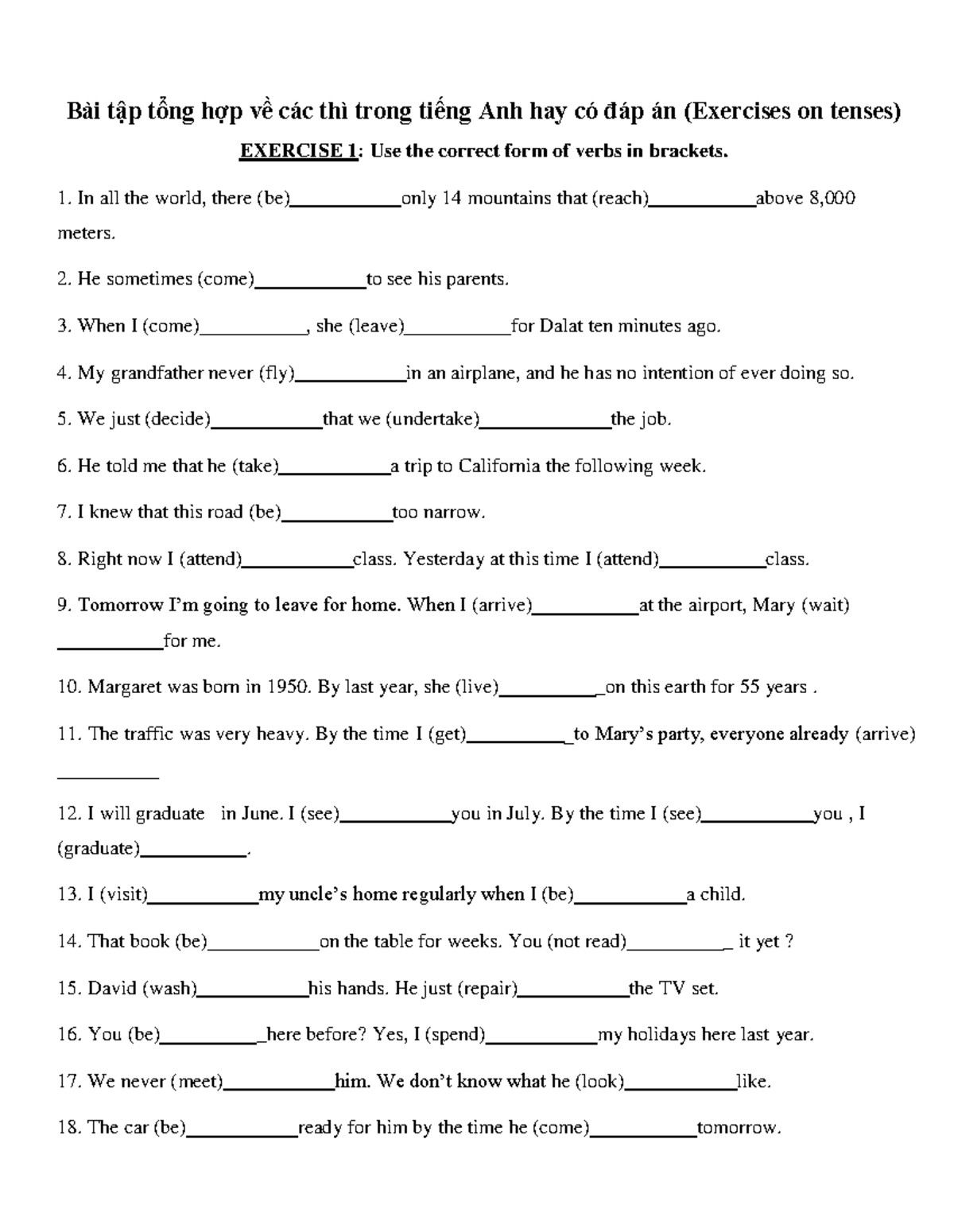 125 cau hoi trac nghiem ve thi Tieng Anh - Bài tập tổng hợp về các thì ...