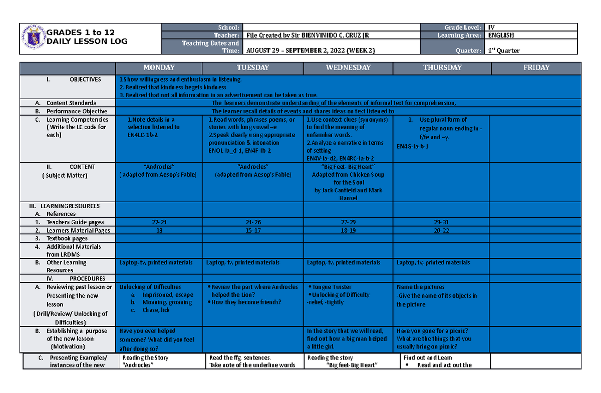 DLL English 4 Q1 W2 - This is for the teachers struggling with DLP ...