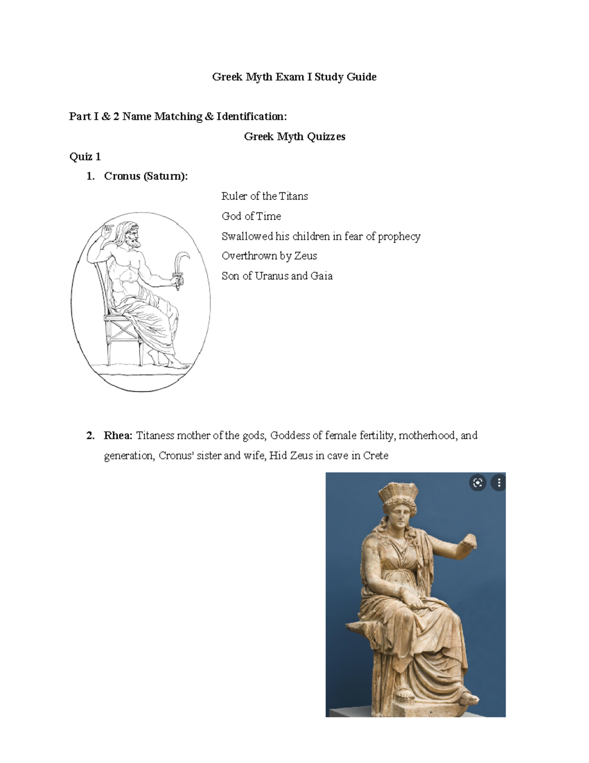 Greek Myth Exam I - This is a study guide I created that covers the ...