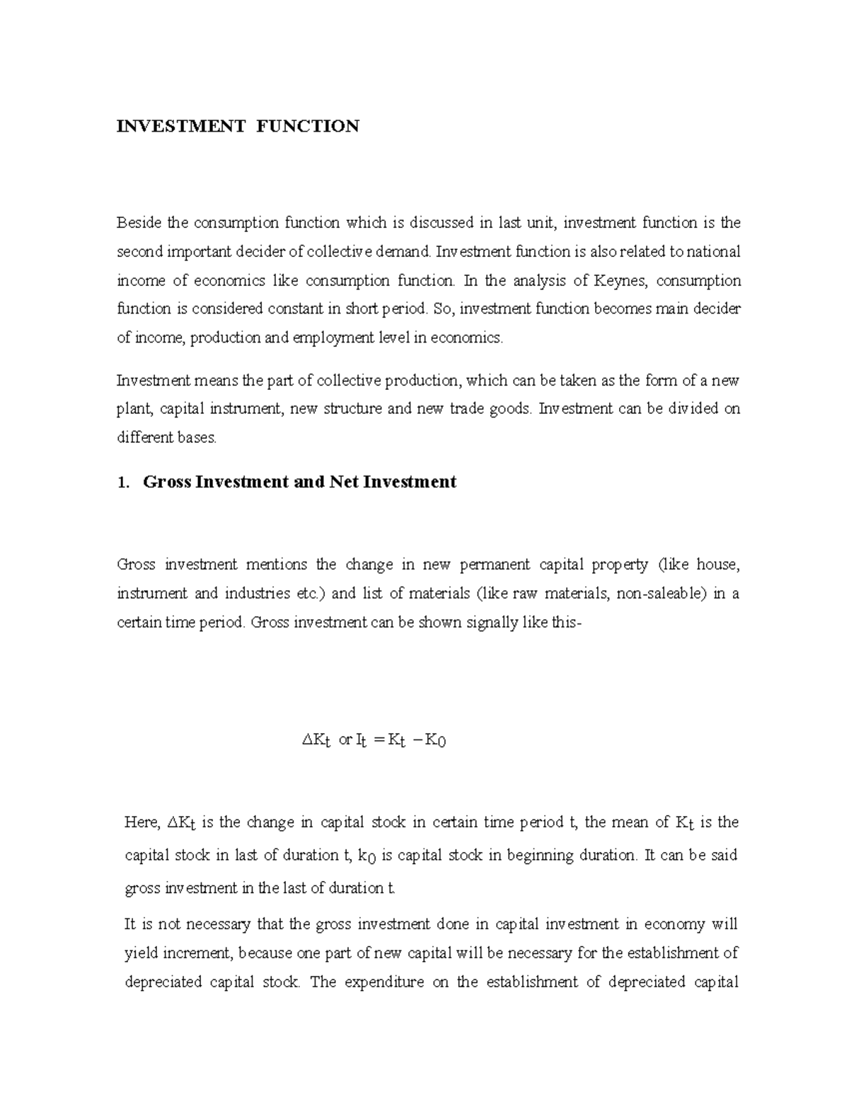 Investment Function - Macro Economics II - UoK - Studocu