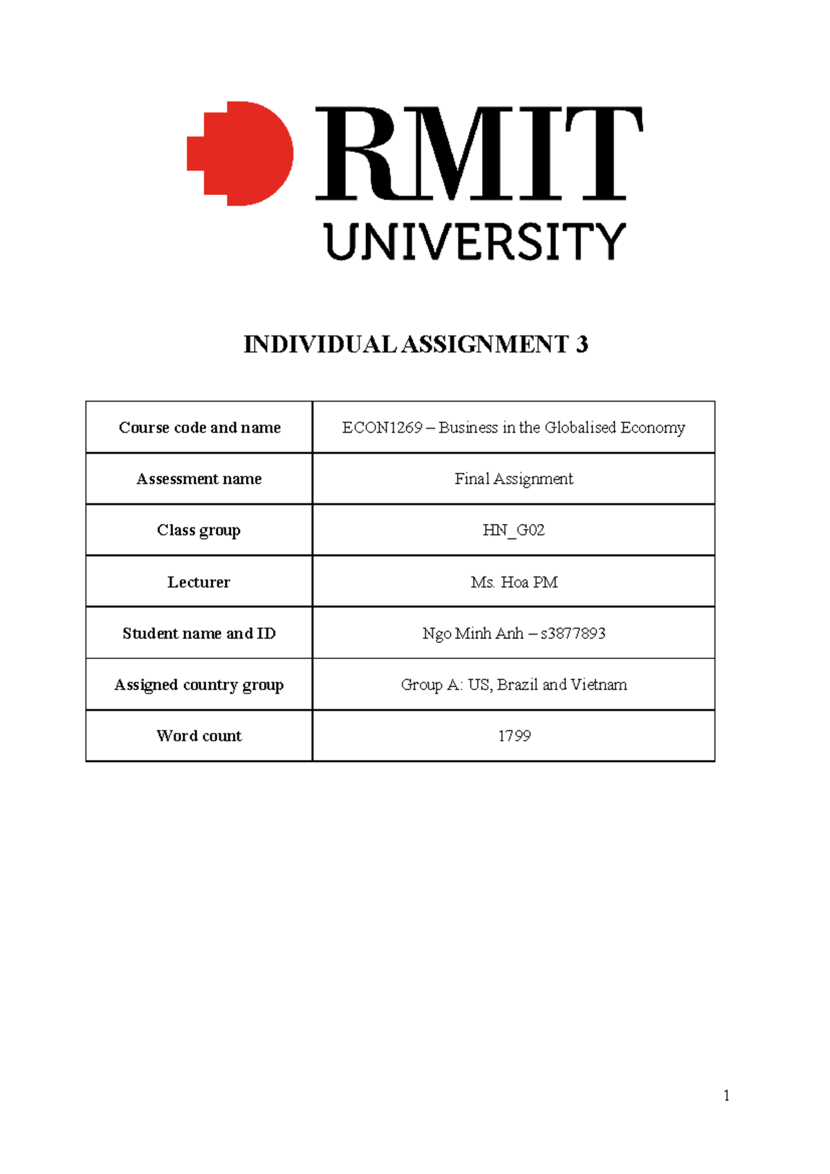 A3 assignment 2022 - INDIVIDUAL ASSIGNMENT 3 Course code and name ECON1269 – Business in the ...