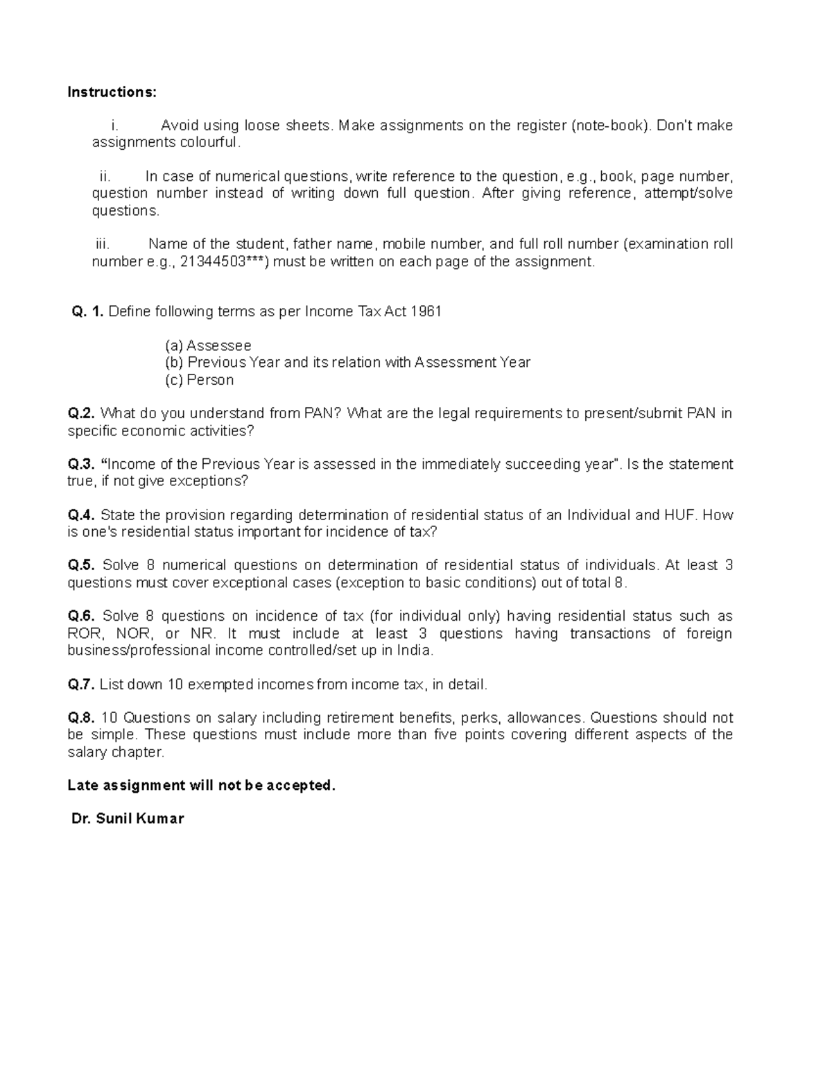Assignment 1 10 Marks - I want answers - Instructions: i. Avoid using loose sheets. Make ...