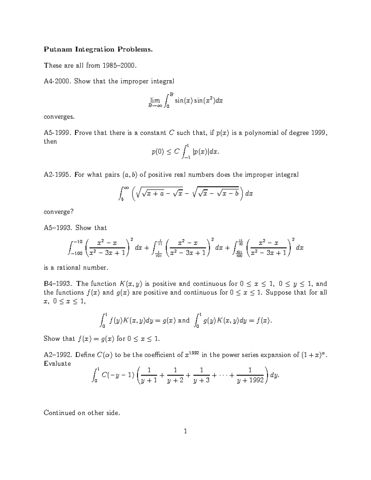 NYU Ancient Integration - Putnam Integration Problems. These are all ...