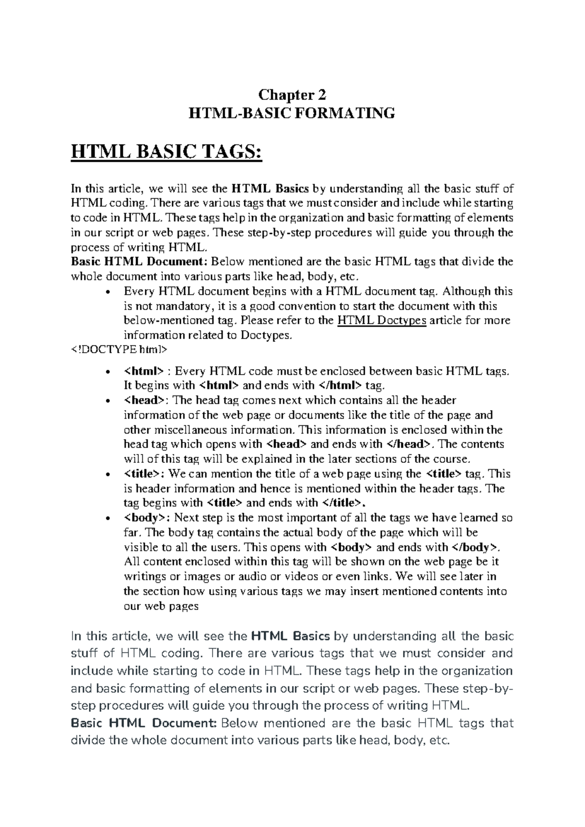 Chapter 2html Unit 2 Html Chapter 2 Html Basic Formating Html Basic Tags In This 0294