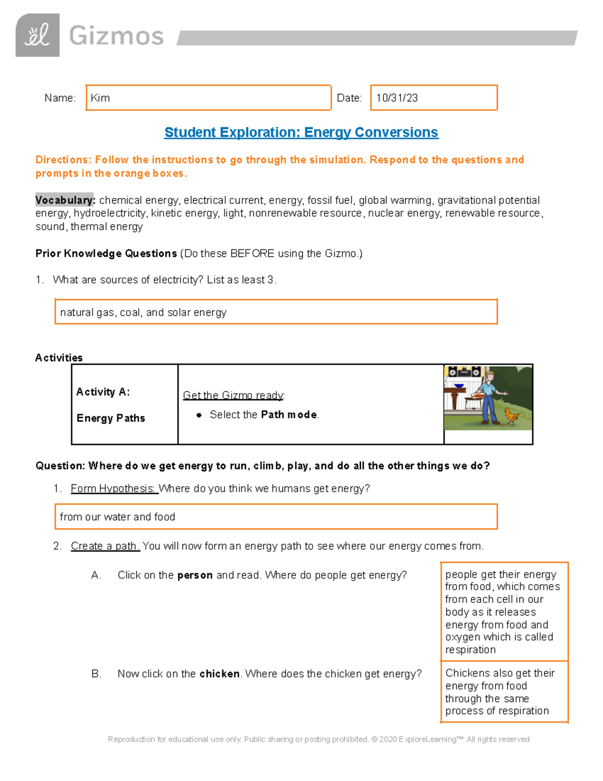 Gizmos Energy Conversions - Name: Kim Date: 10/31/ Student Exploration ...