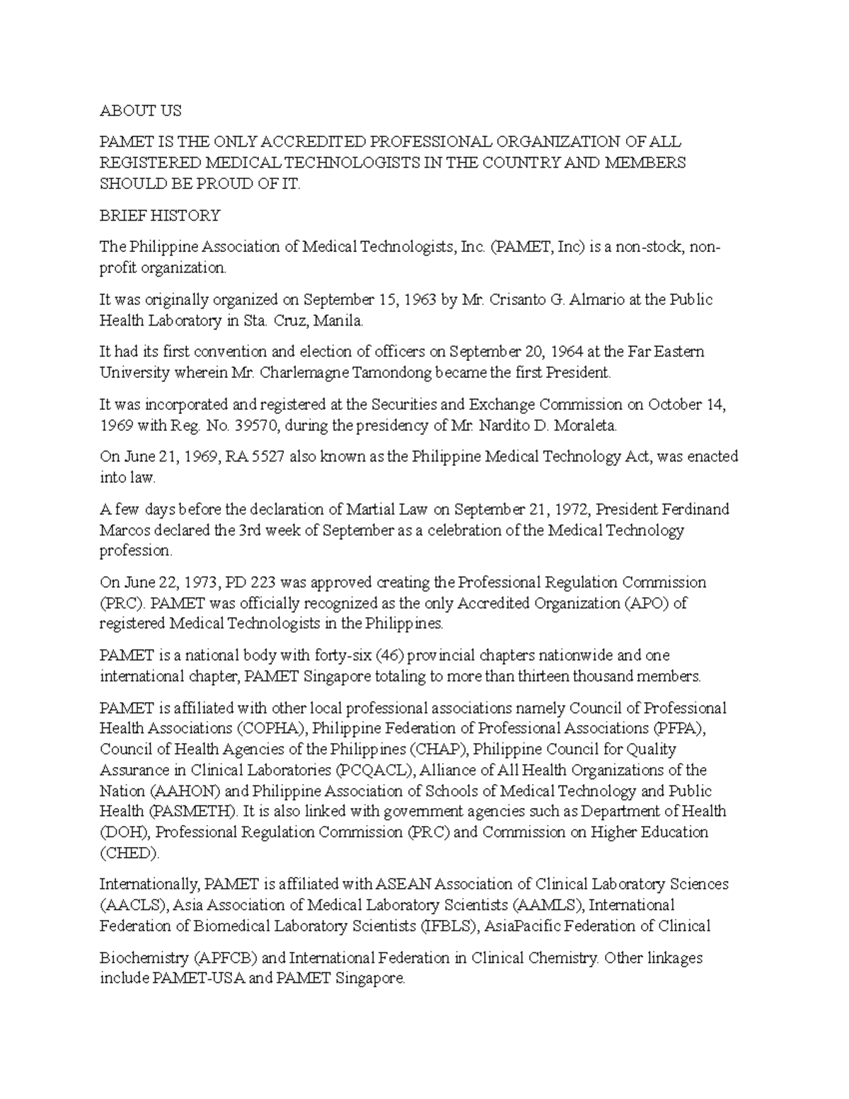 History of Pasmeth - asdfghj - ABOUT US PAMET IS THE ONLY ACCREDITED ...