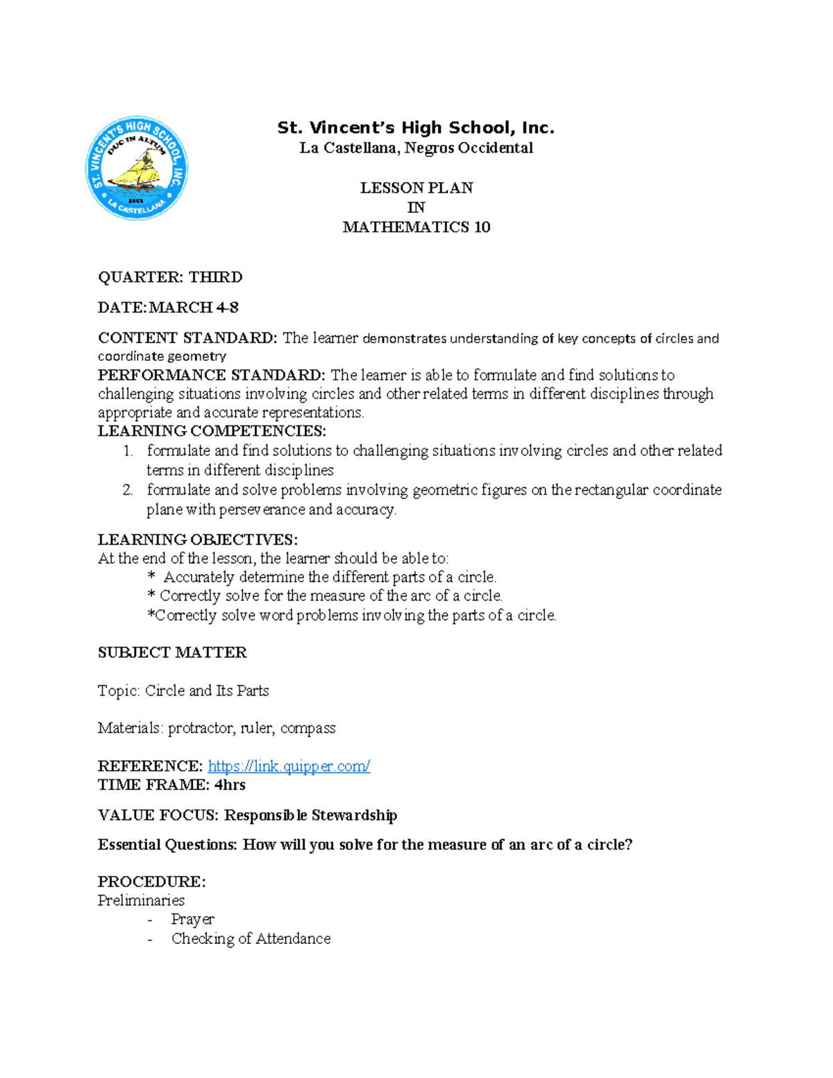lesson plan 2nd quarter - St. Vincent’s High School, Inc. La Castellana ...