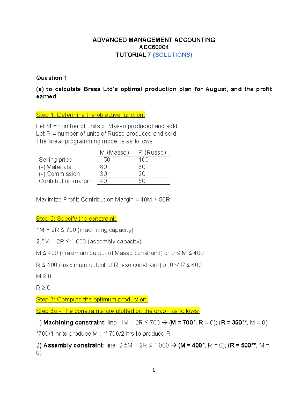 AMA Tutorial 7 ( Solutions) - ADVANCED MANAGEMENT ACCOUNTING ACC TUTORIAL 7 (SOLUTIONS) Question ...