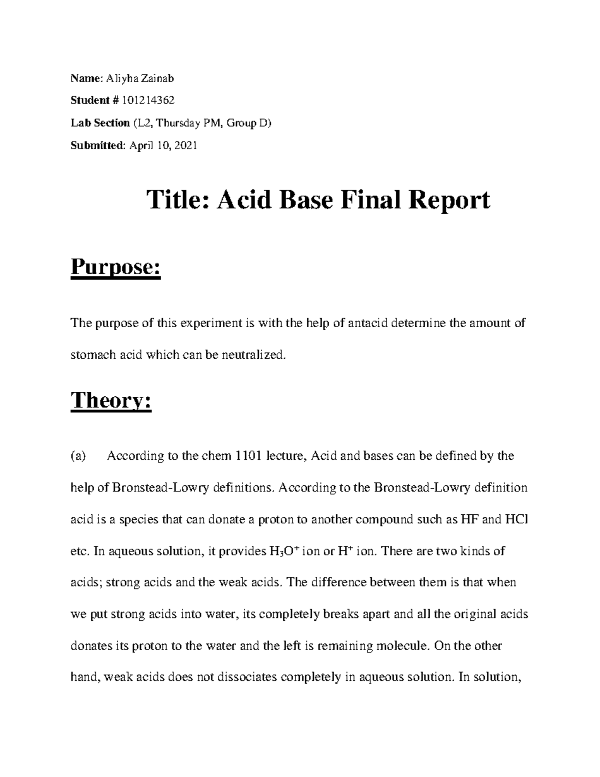 Zainab Aliyha Acid Base final lab report - Name : Aliyha Zainab Student ...
