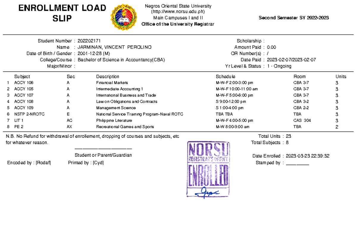 Accounting financial - ENROLLMENT LOAD Negros Oriental State University ...