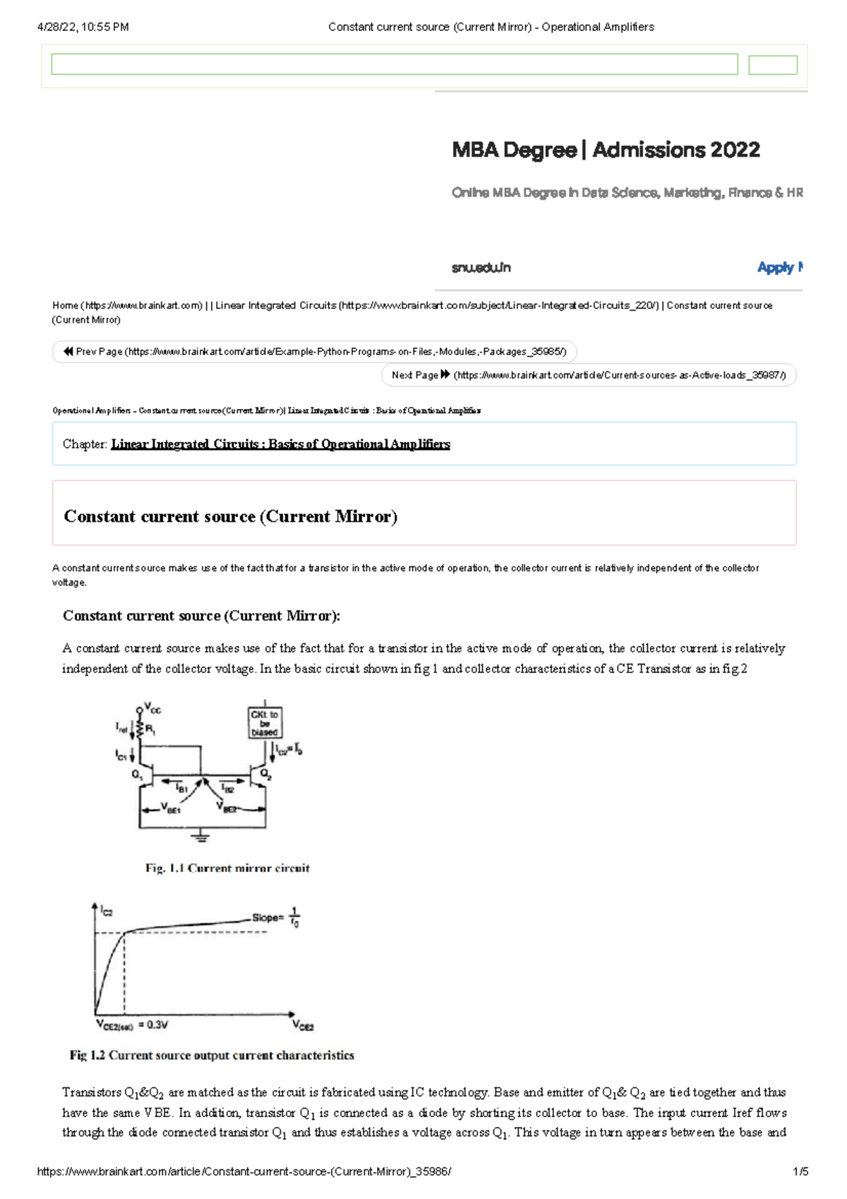 Constant current source (Current Mirror) - Operational Amplifiers - MBA Degree | Admissions 2022 ...