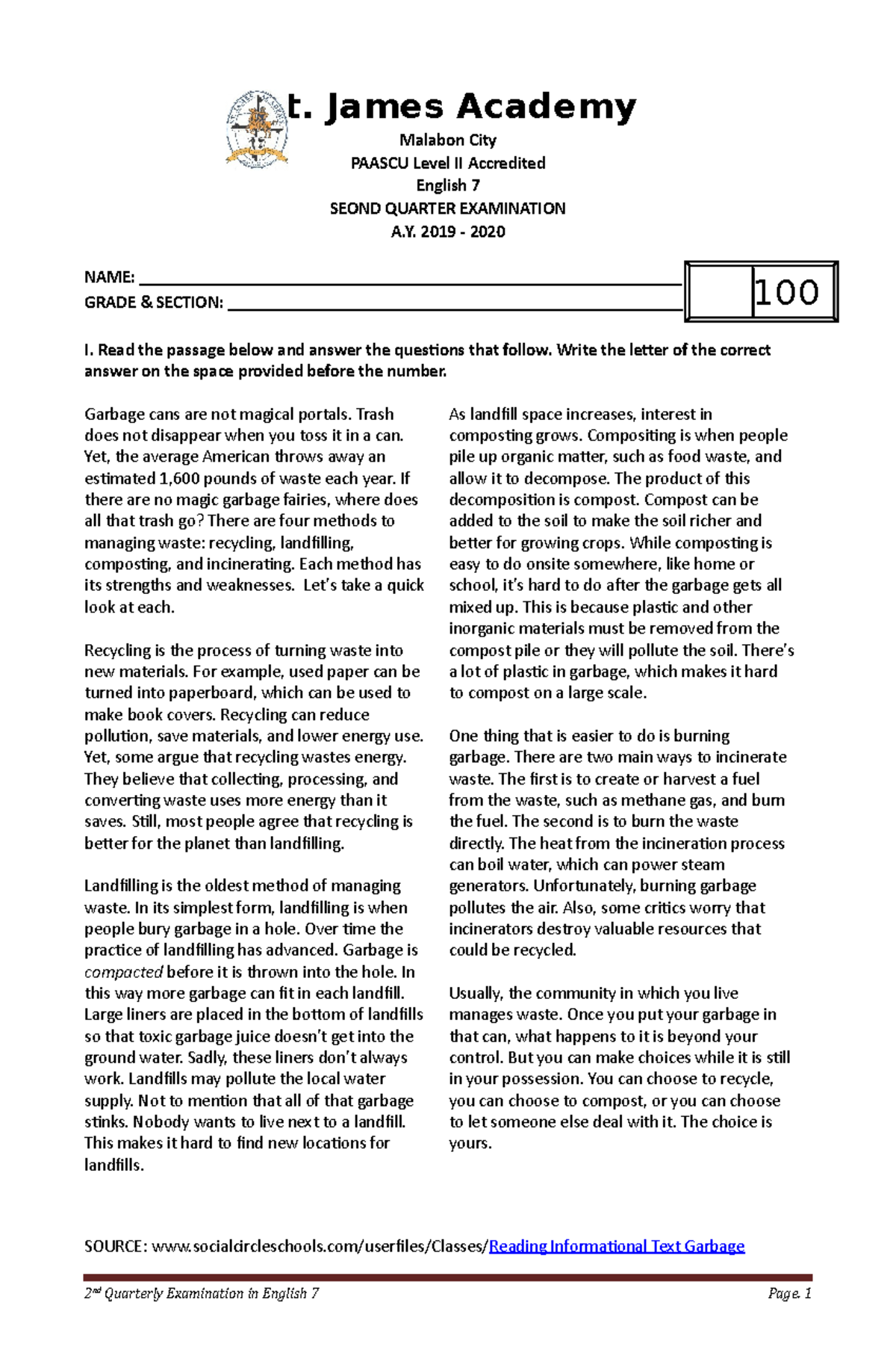 English 7 Q2 Quarter EXAM - St. James Academy Malabon City PAASCU Level ...