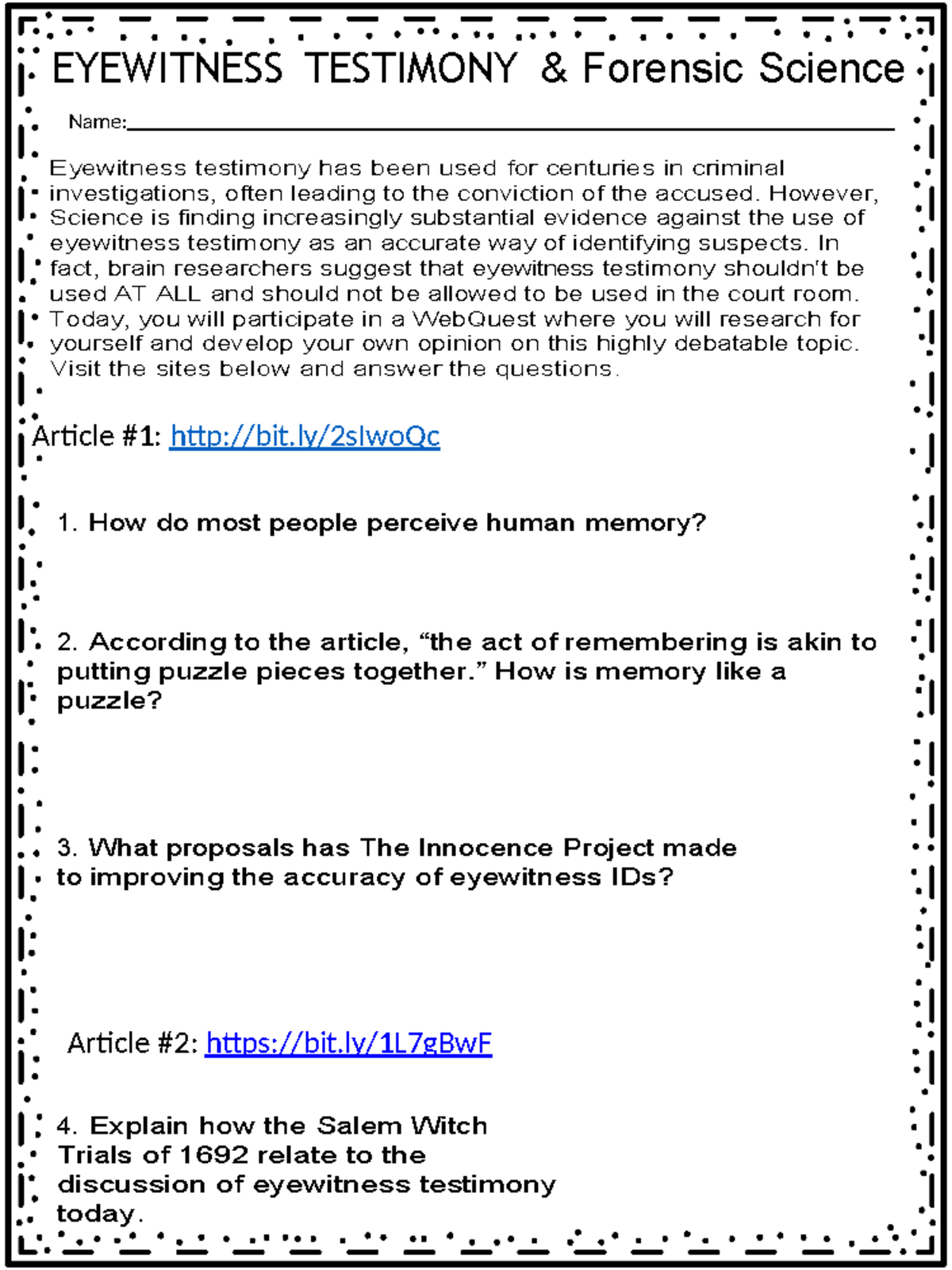 Eye Witness Testimony Webquest Student - Eyewitness testimony has been ...