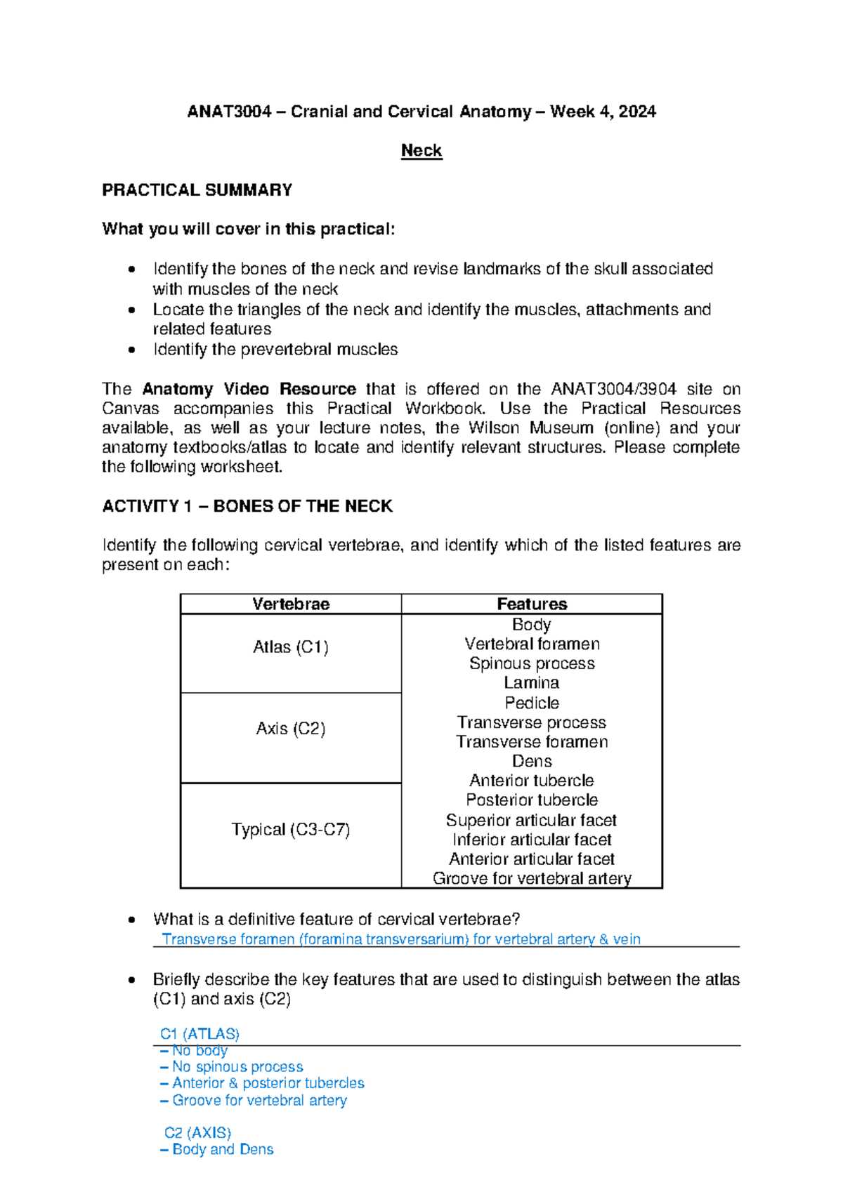 W4 Practical Worksheet Neck Student 2024 - ANAT3004 – Cranial and ...