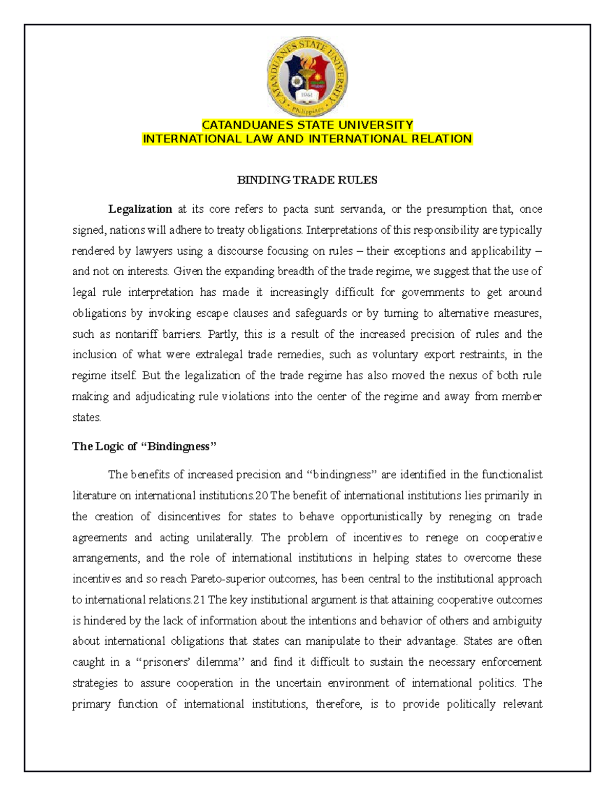 Binding Trade Rules - INTERNATIONAL LAW AND INTERNATIONAL RELATION ...