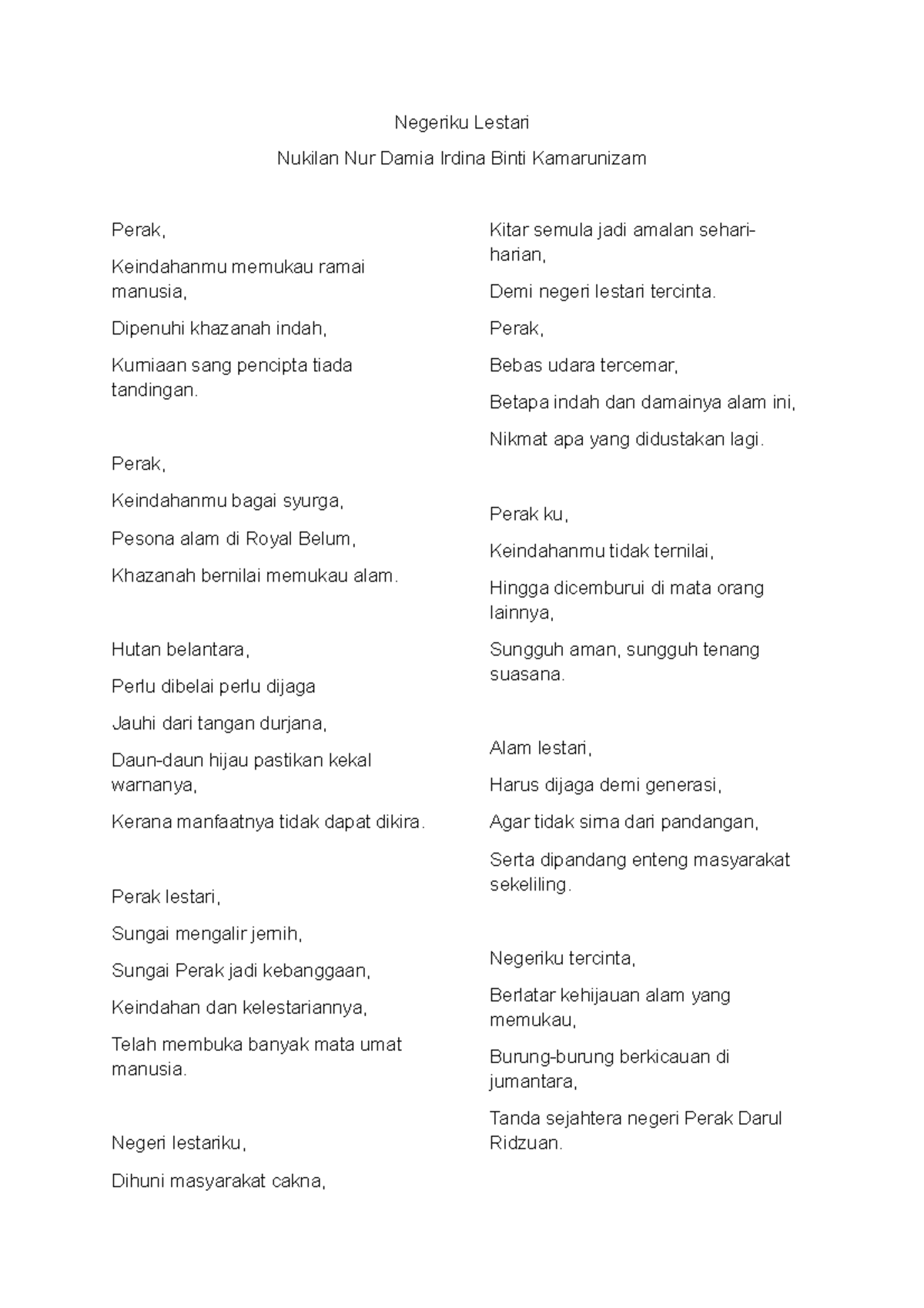 Perak bumi lestari (saja K) Damia - Negeriku Lestari Nukilan Nur Damia ...