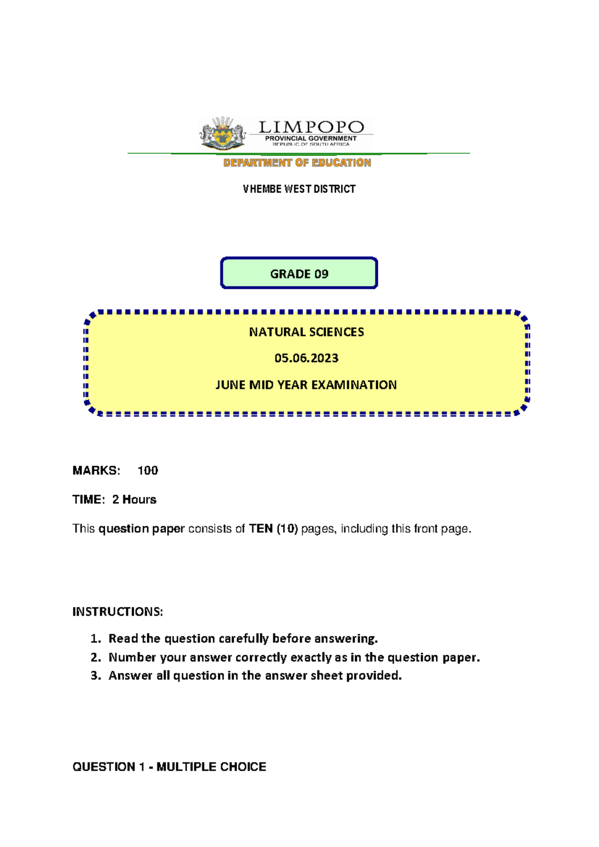NS Grade 9 JUNE 2023 English - VHEMBE WEST DISTRICT MARKS: 100 TIME: 2 ...