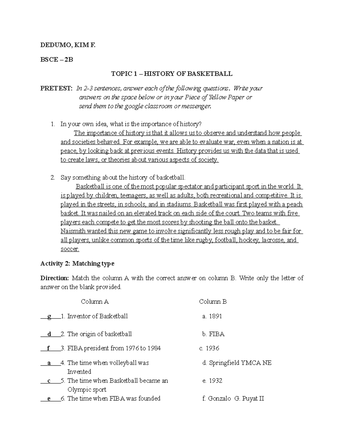 Topic 1 Basketball - Grade: 7 - DEDUMO, KIM F. BSCE – 2B TOPIC 1 ...