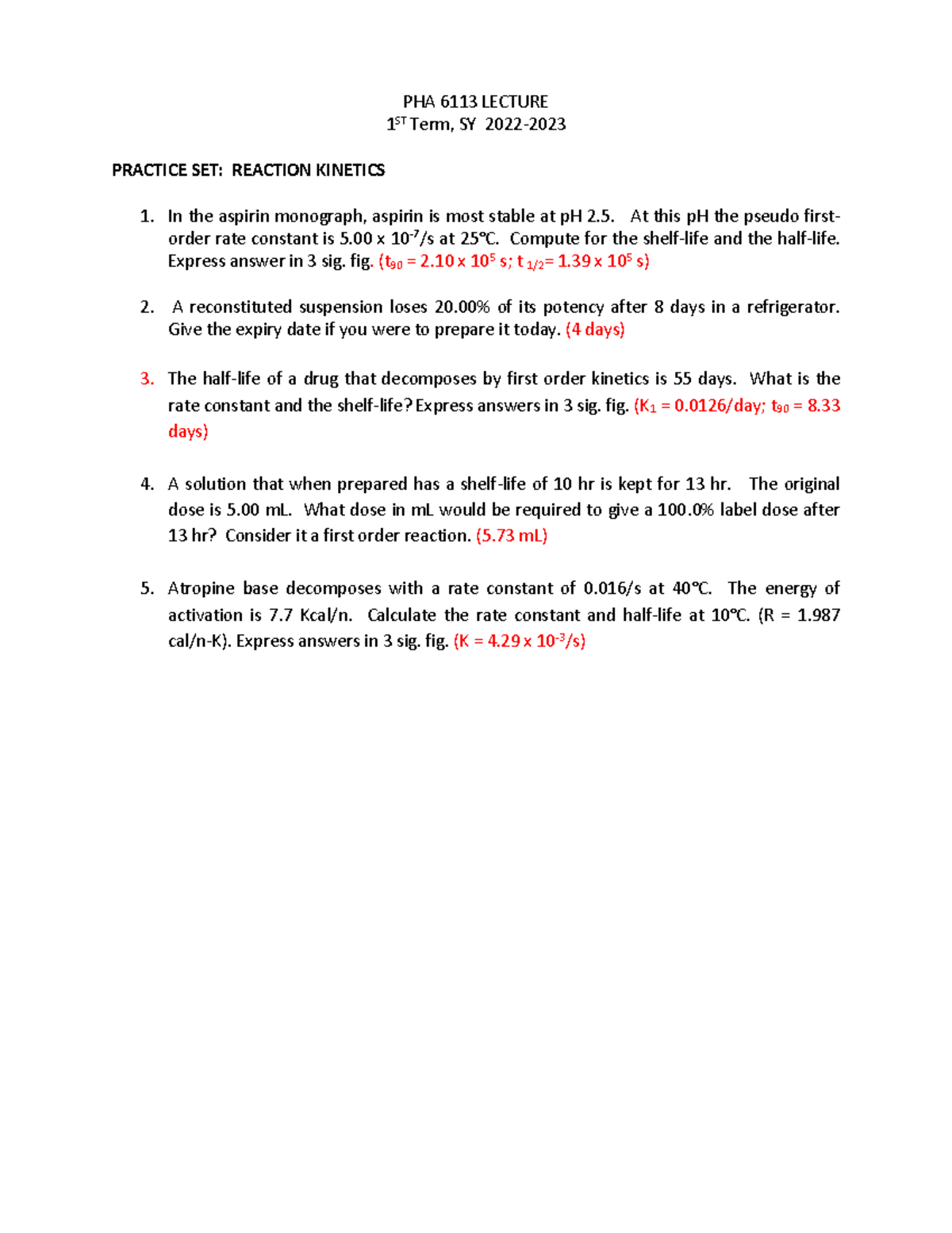 V.2022 Kinetics-Problem set with answers(1) - PHA 6113 LECTURE 1 ST ...