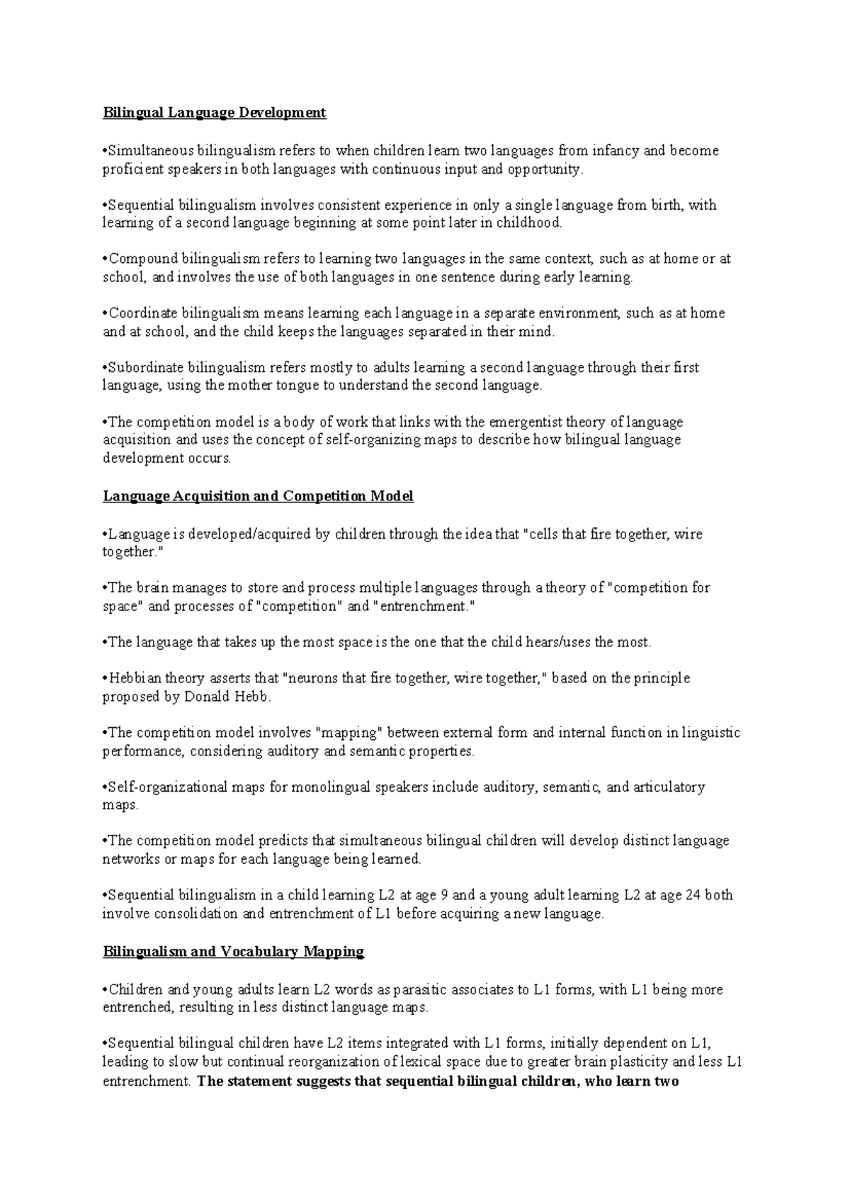 Child language notes - Bilingual Language Development •Simultaneous ...