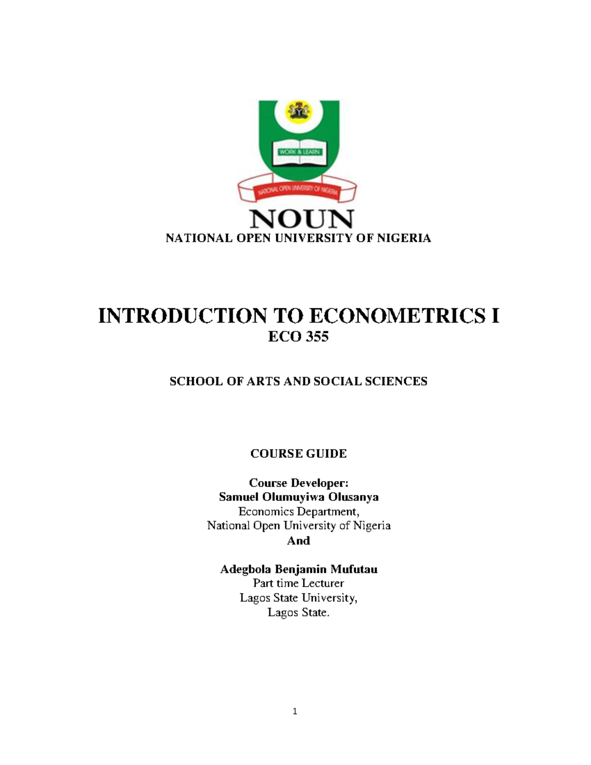 Introduction to econometrics - NATIONAL OPEN UNIVERSITY OF NIGERIA ...