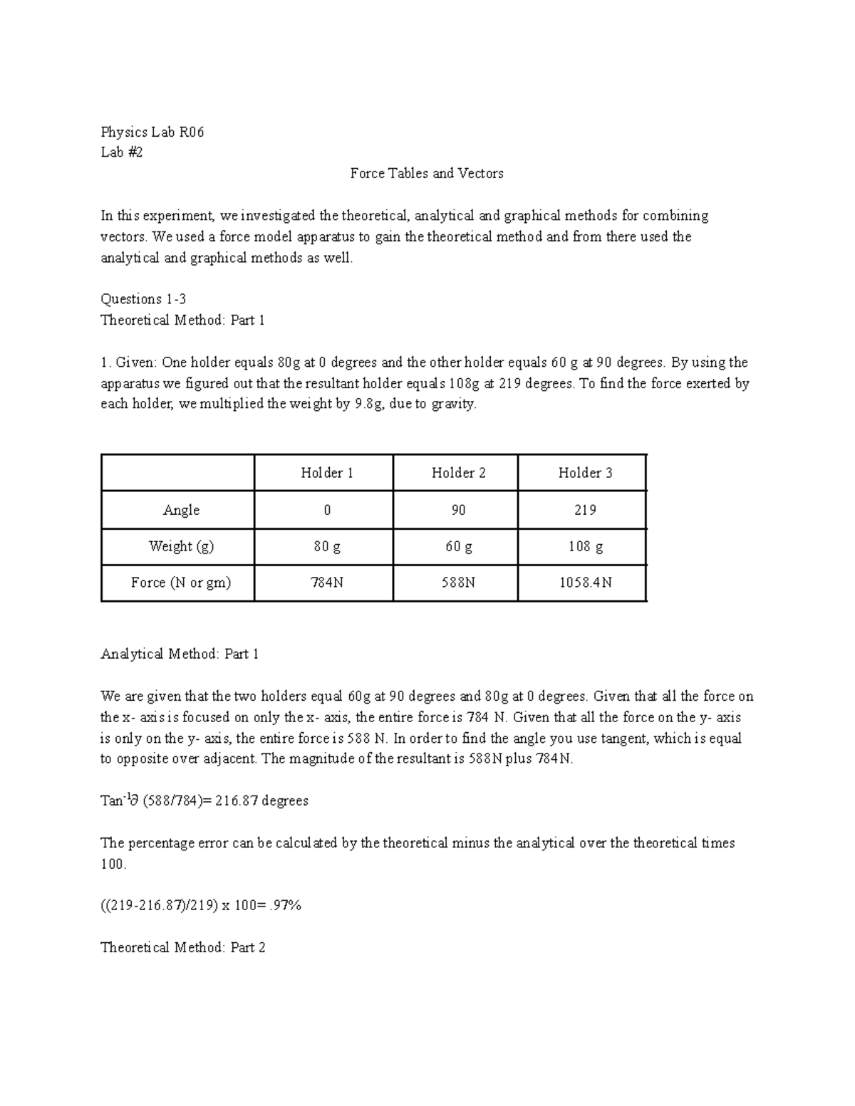 Physics lab 2 - Lab paper - Physics Lab R Lab # Force Tables and Vectors In this experiment, we ...