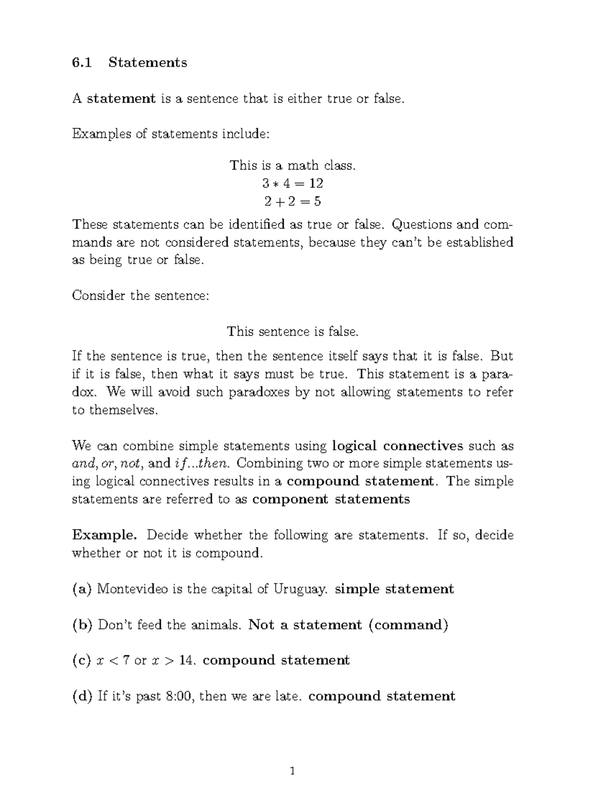 6.1 Statements - n/a - 6 Statements A statement is a sentence that is ...