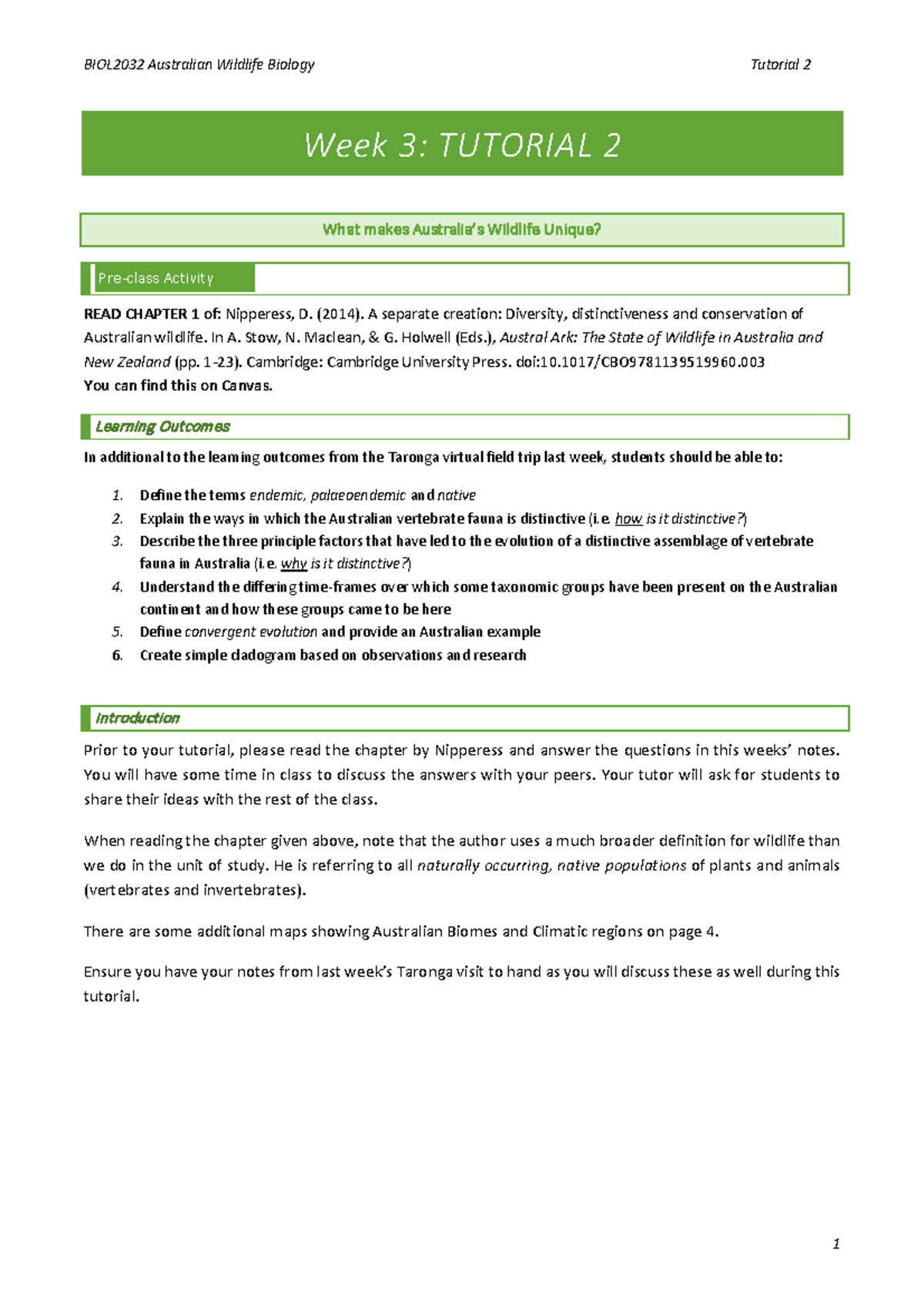 BIOL2032 Week 3 Tutorial - Biogeography - Student notes 2023 - Week 3 ...