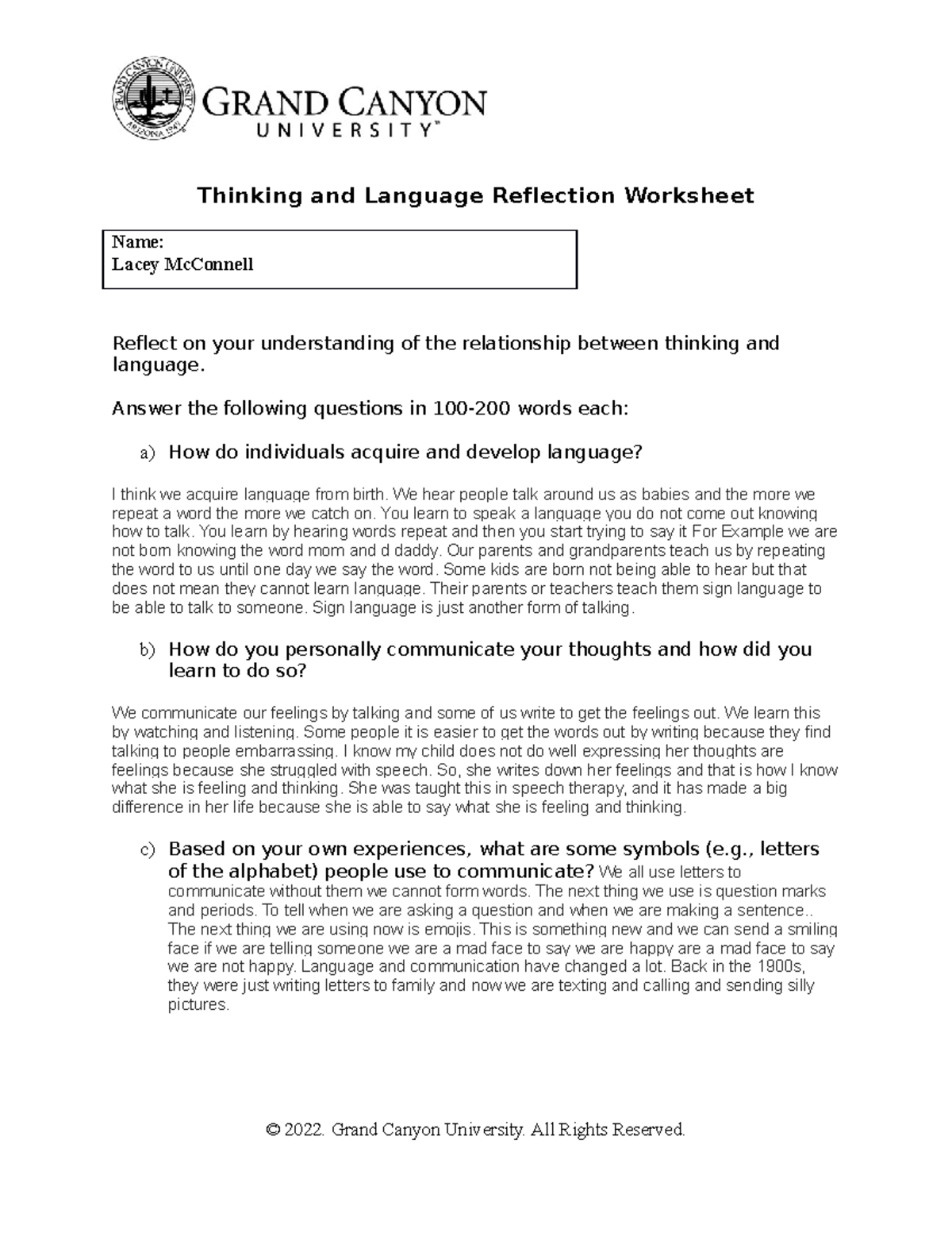 PHI105 - language worksheet - Thinking and Language Reflection ...