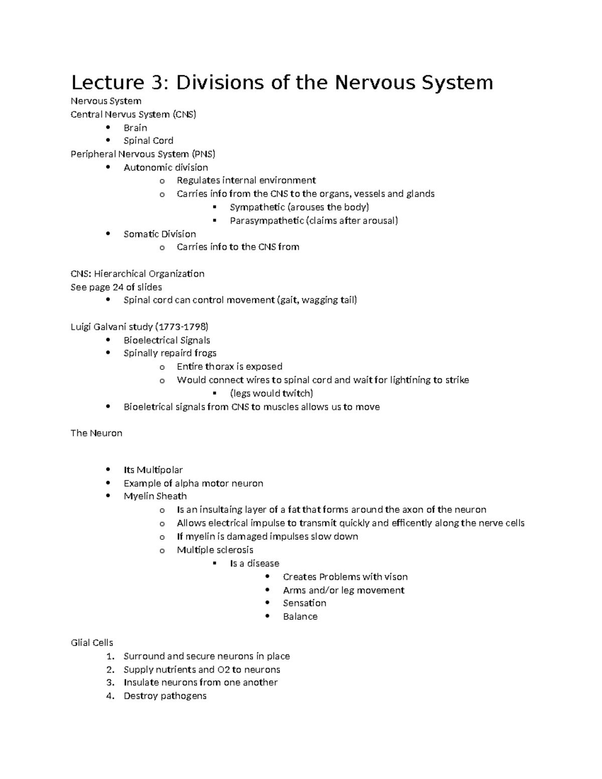 1080 Lecture 3 - notes - Lecture 3: Divisions of the Nervous System ...