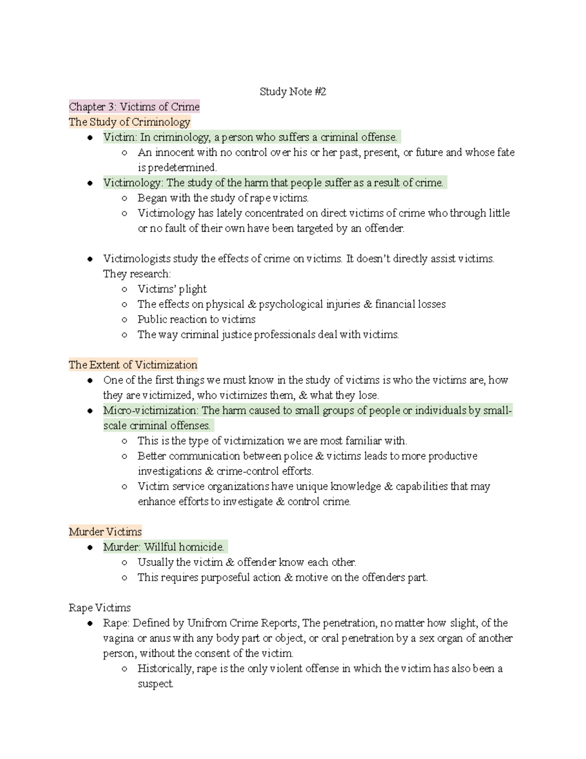 Study Note #2 - Study Note # Chapter 3: Victims of Crime The Study of ...