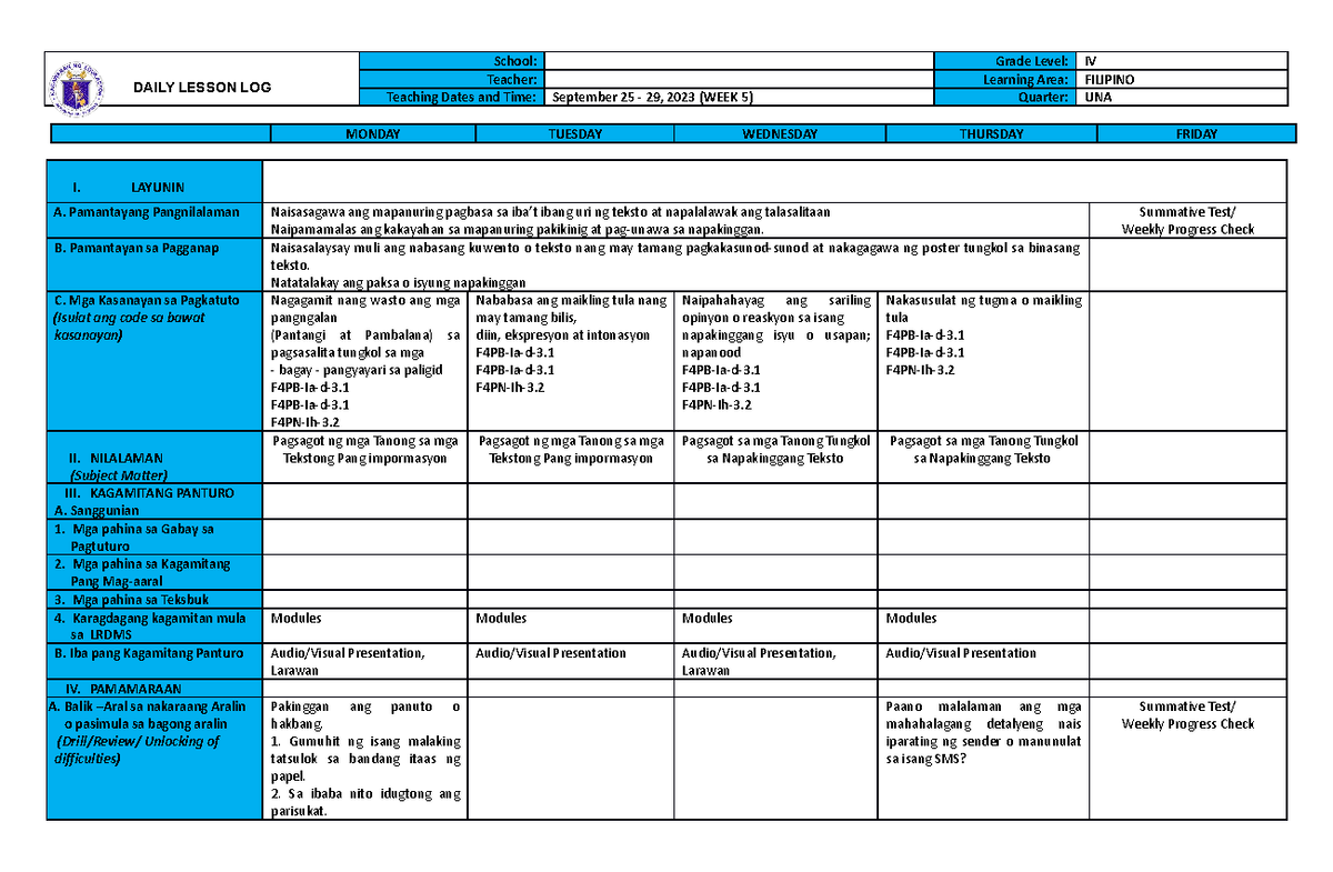 DLL FIL4 Q1 W5-Pagsagot-ng-mga-Tanong-sa-mga-Tekstong-Pang-impormasyonp ...
