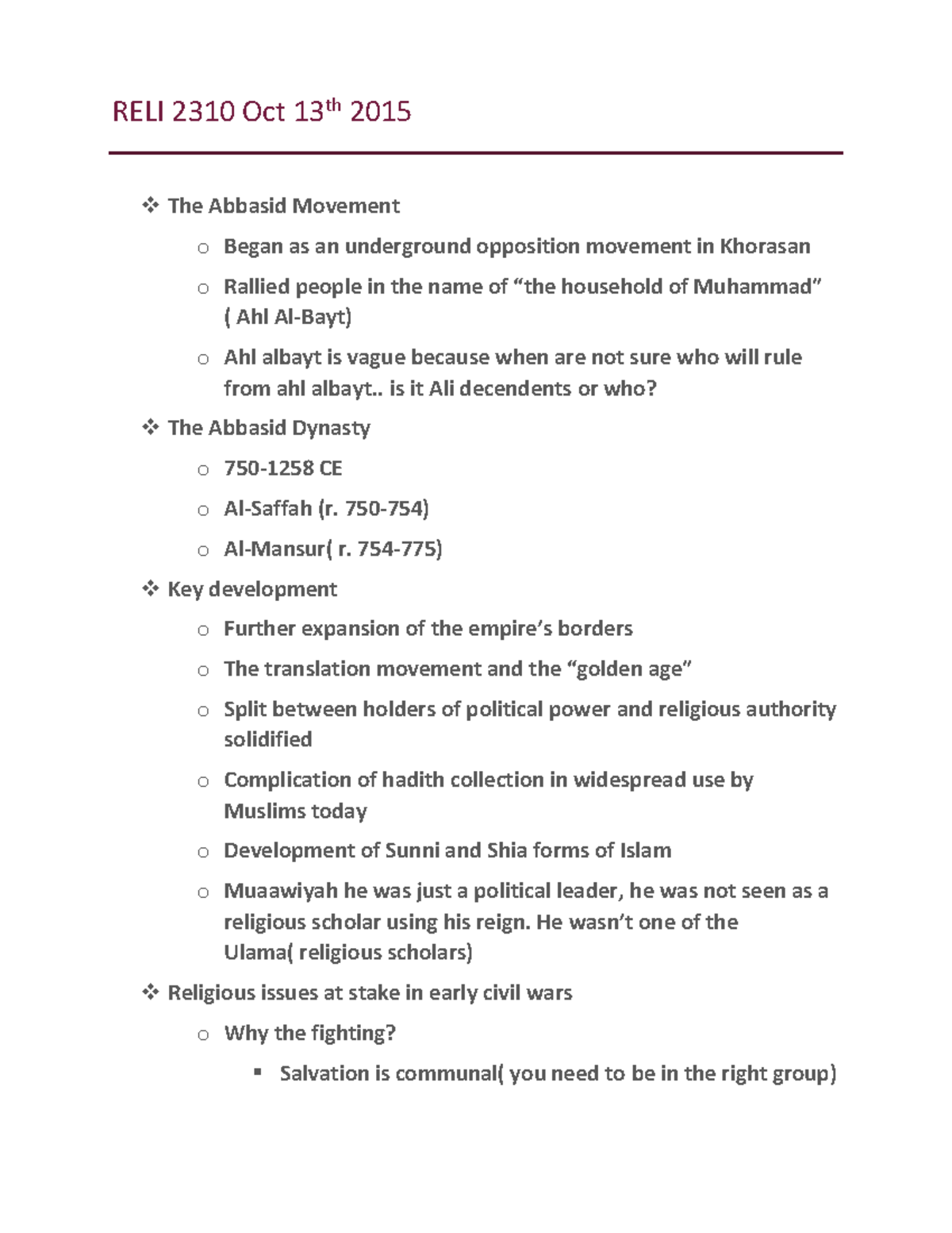 Reli 2310 Oct 13Th 2015 - RELI 2310 Oct 13th 2015 The Abbasid Movement ...