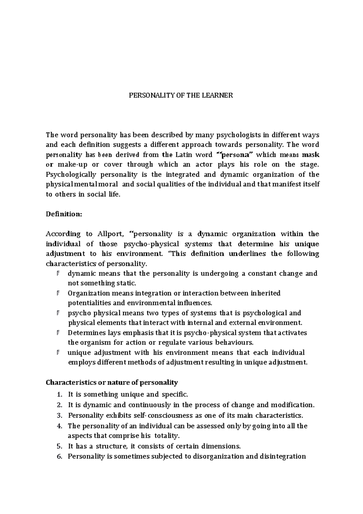 Personality of the learner - UNIT IV PERSONALITY OF THE LEARNER The ...