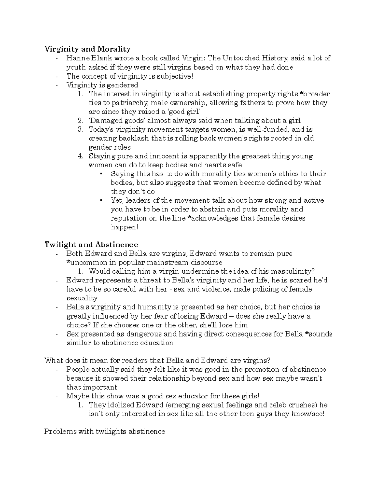 GSWS Final Notes part 3 - Virginity and Morality - Hanne Blank wrote a ...