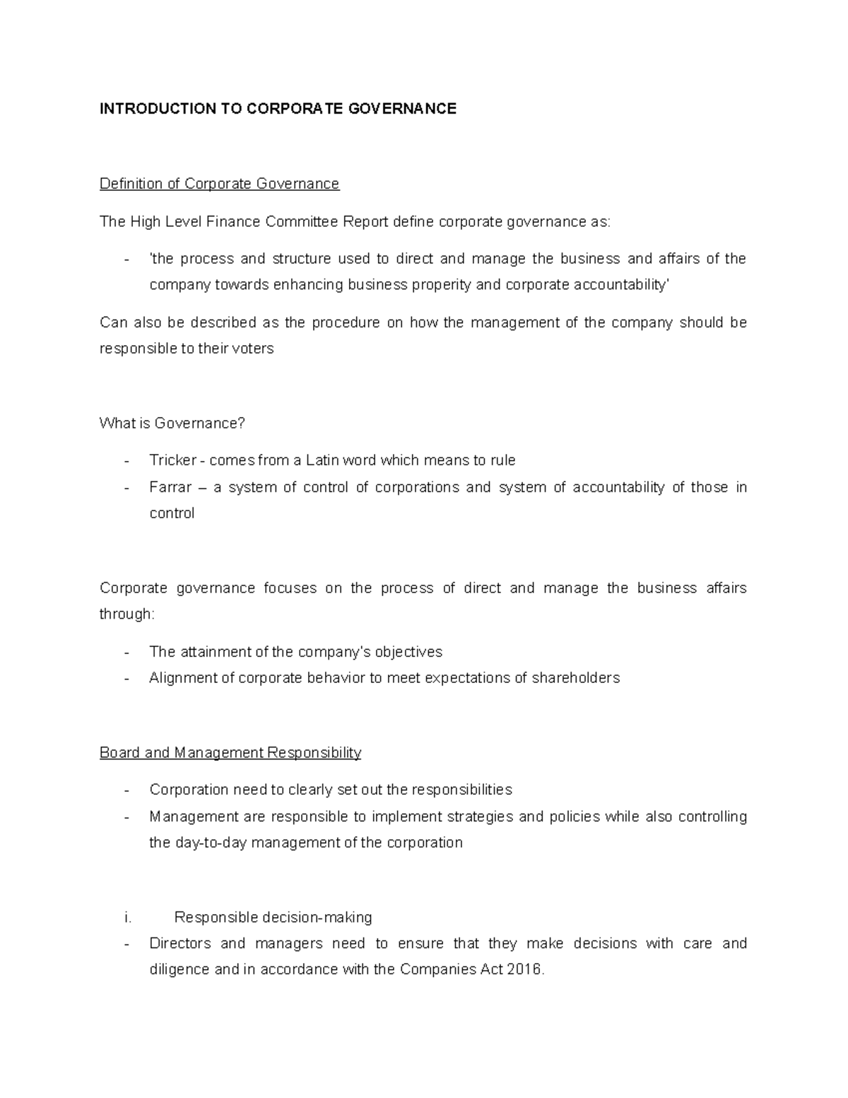 Introduction TO Corporate Governance - INTRODUCTION TO CORPORATE ...