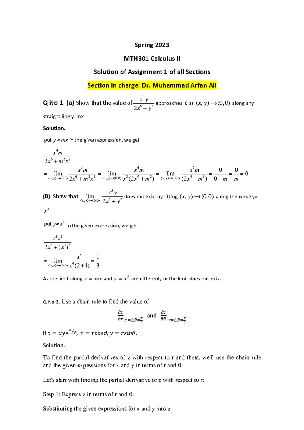 Spring 2023 MTH301 1 SOL - calculus II - VU - Studocu
