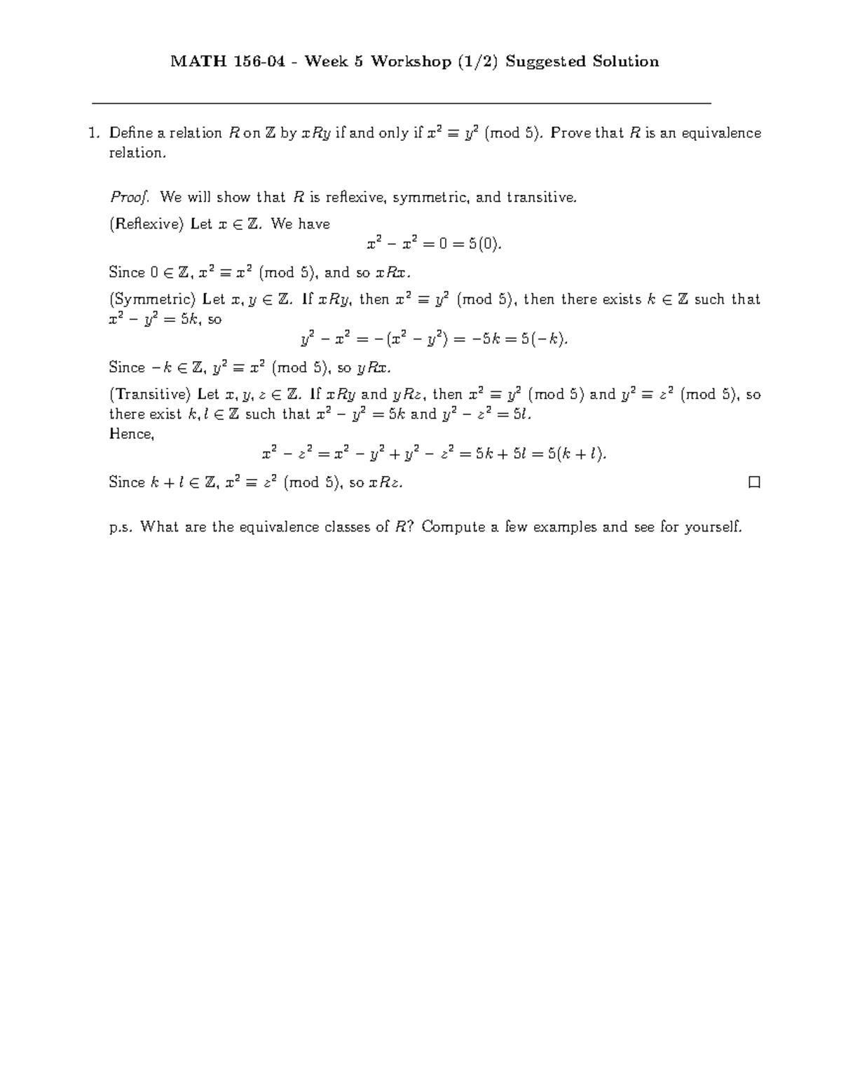Workshop 11 - MATH 156-04 - Week 5 Workshop (1/2) Suggested Solution ...