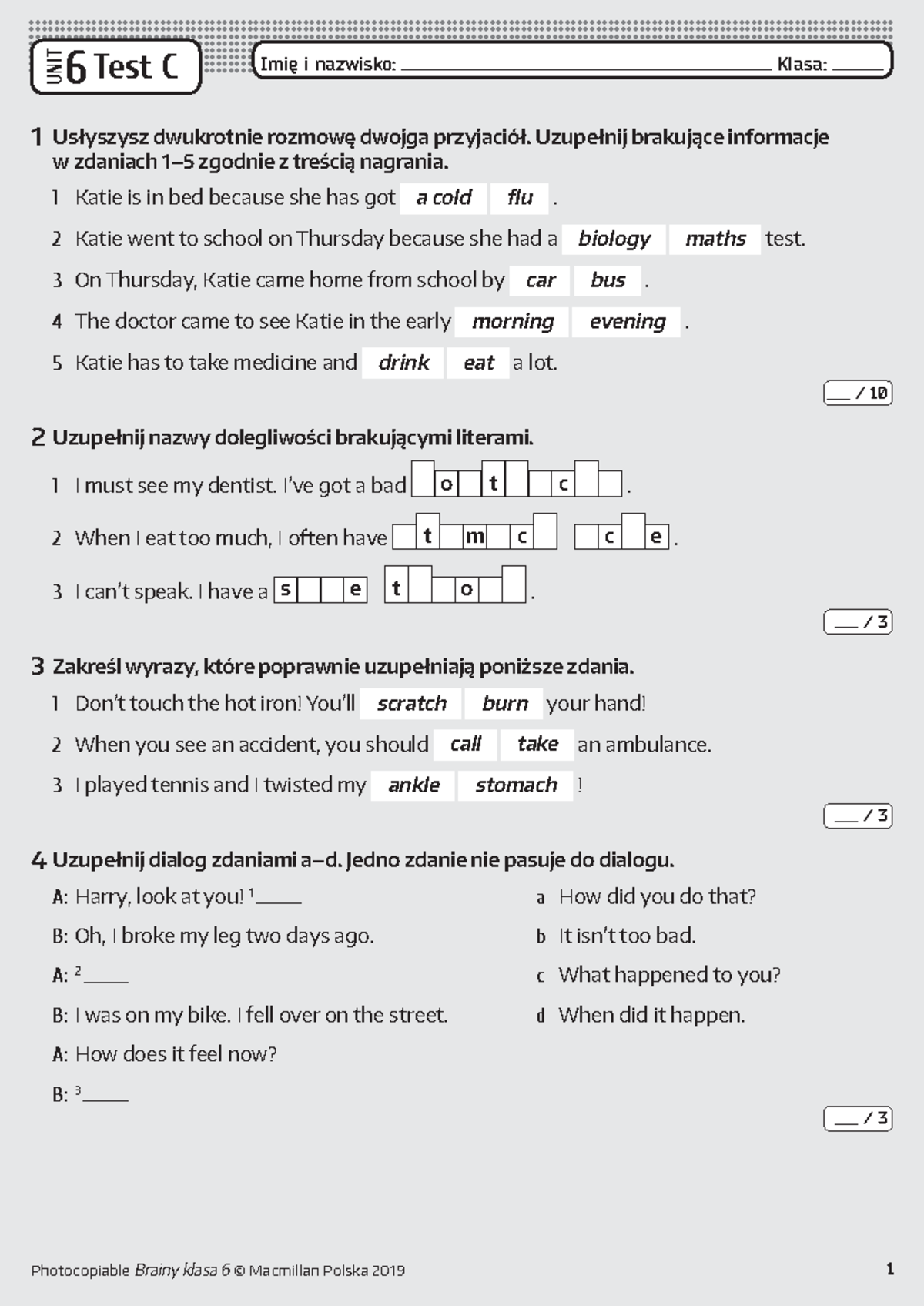 Brainy kl6 Unit Test 6 C - UNIT 6 Test C 1 Usłyszysz dwukrotnie rozmowę ...