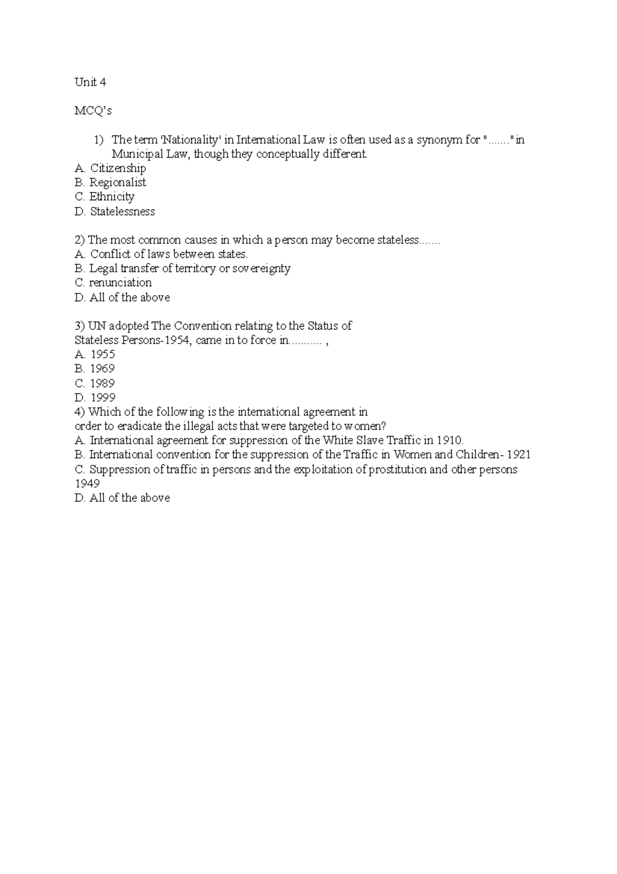Human Rights Unit 4 - HRA - Unit 4 MCQ’s The term 'Nationality' in ...