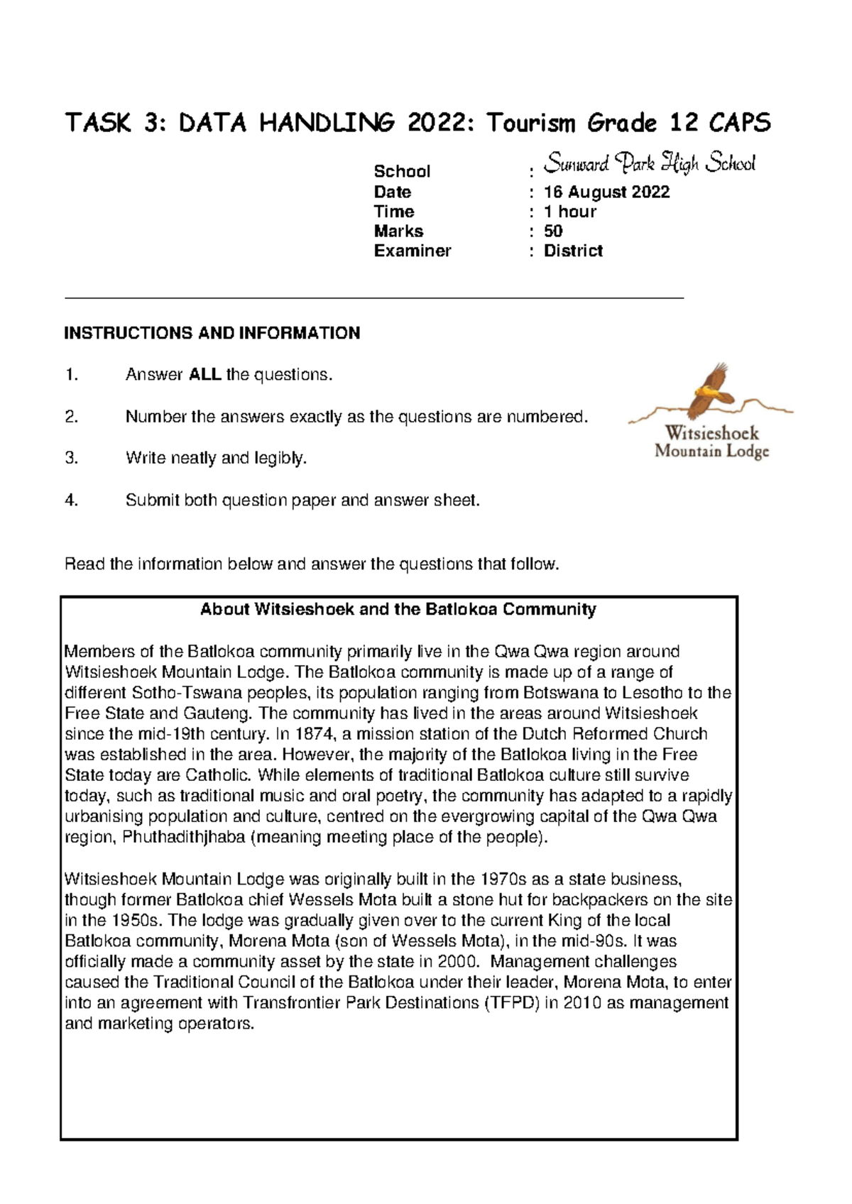 GP Grade 12 - DATA Handling TASK QP - TASK 3: DATA HANDLING 2022: Tourism Grade 12 CAPS School ...