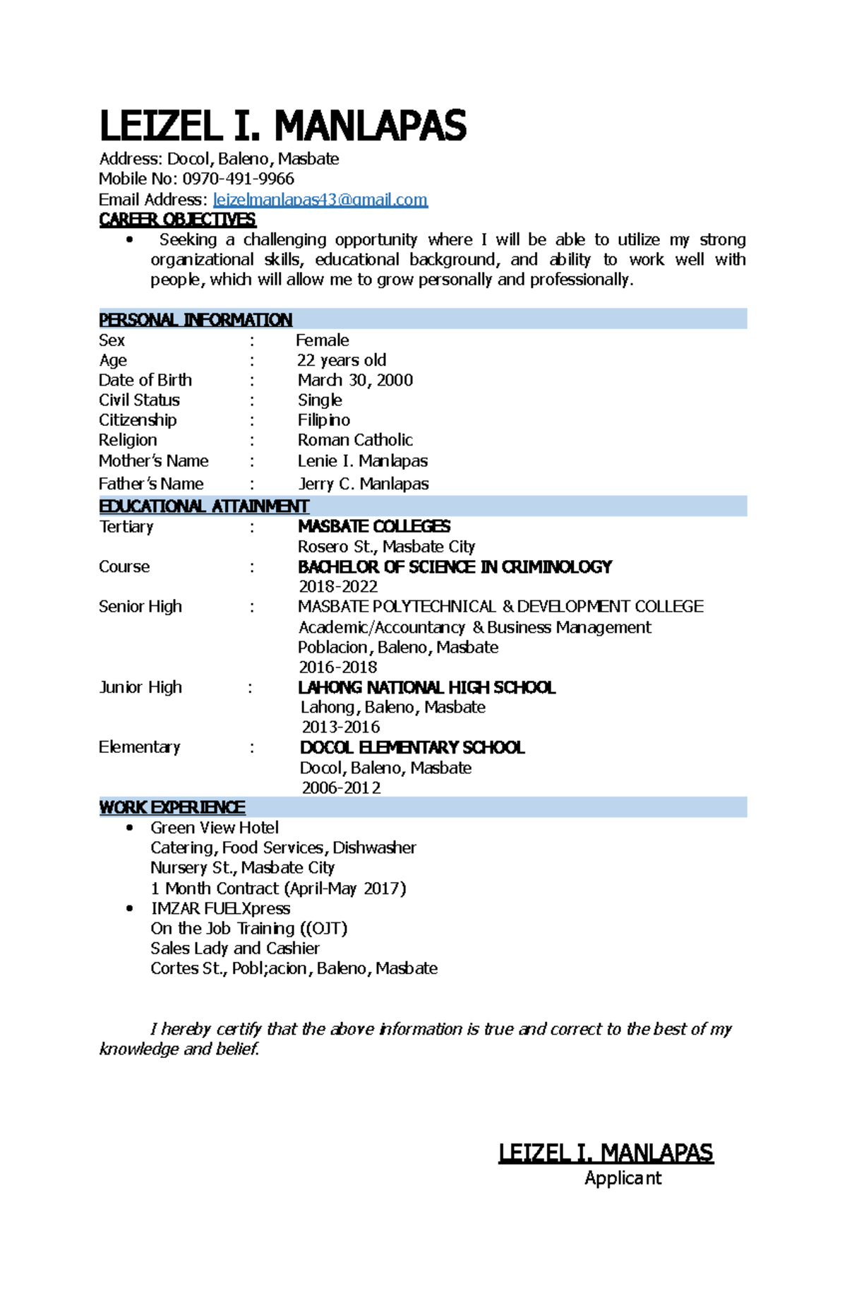 Resume (Liezel) - lecture - LEIZEL I. MANLAPAS Address: Docol, Baleno ...