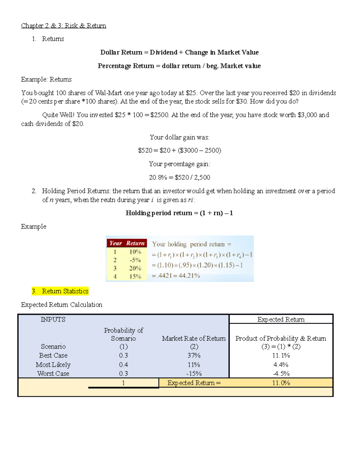 Chapter 2 - Chapter 2 & 3: Risk & Return Returns Dollar Return ...