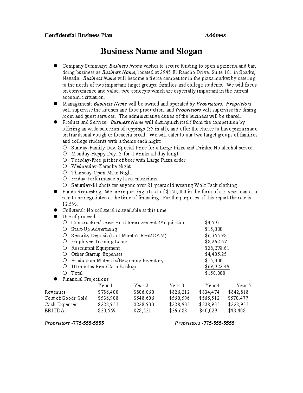 Traditional sample business plan - Confidential Business Plan Address ...