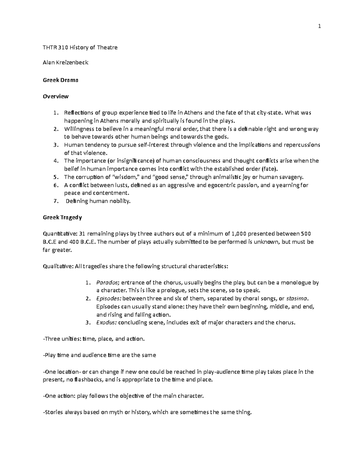 Greek Drama Overview - 1 THTR 310 History of Theatre Alan Kreizenbeck ...