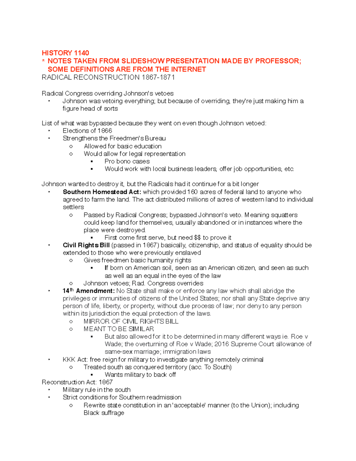 History 1140: Radical Reconstruction - HISTORY 1140 * NOTES TAKEN FROM ...